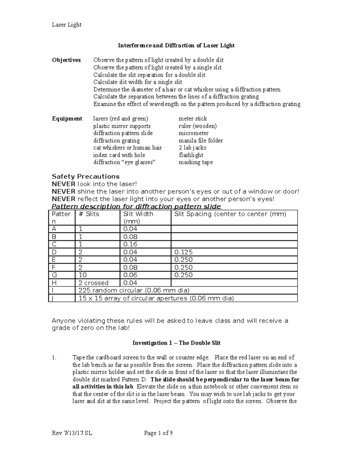 Interference Diffraction Laser Light rev717 - Interference and Diffraction of Laser Light ...