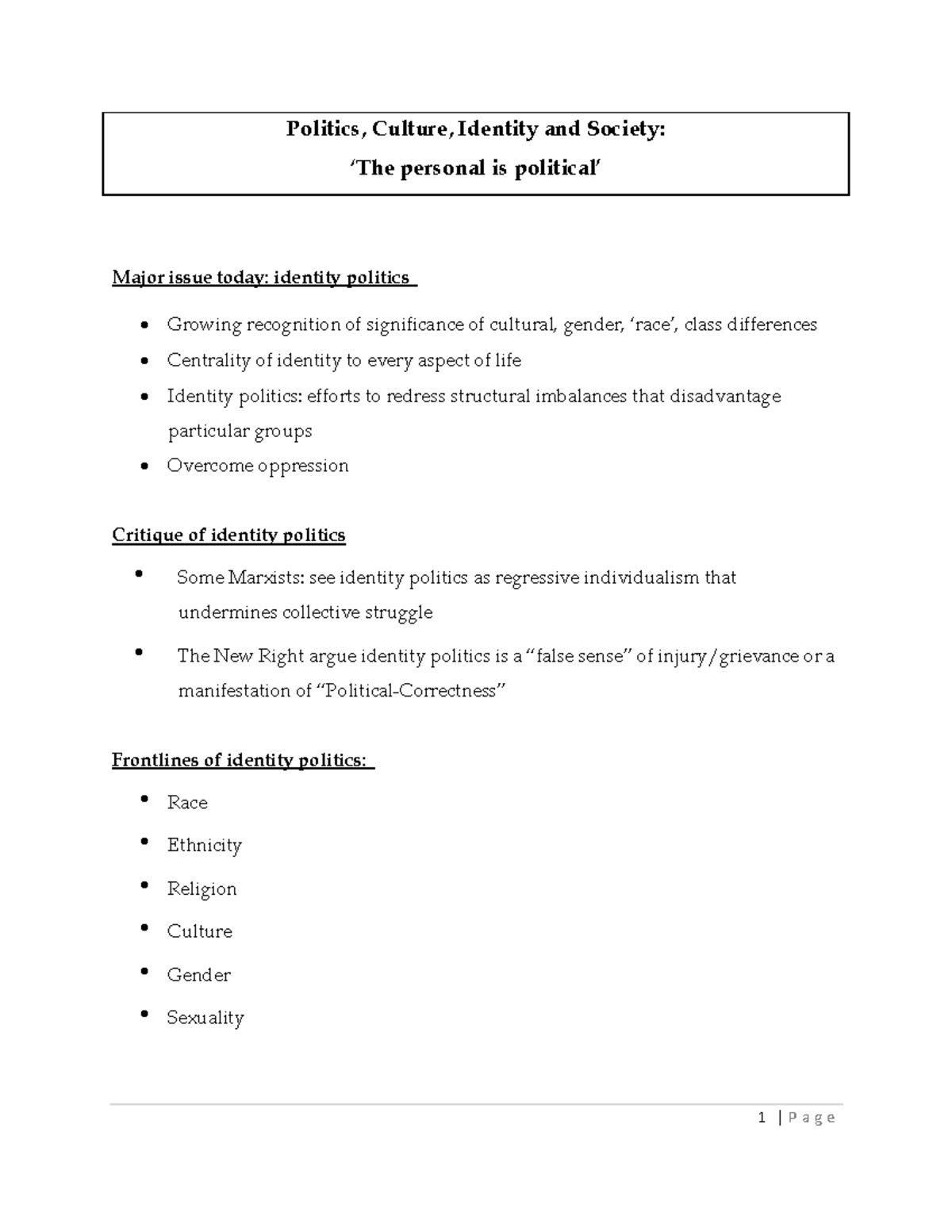 Week Seven The personal is political lecture notes for students ...