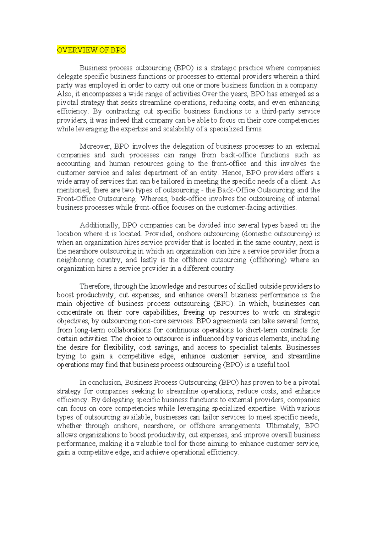 Overview-OF-BPO - BPO INTRO - OVERVIEW OF BPO Business process ...