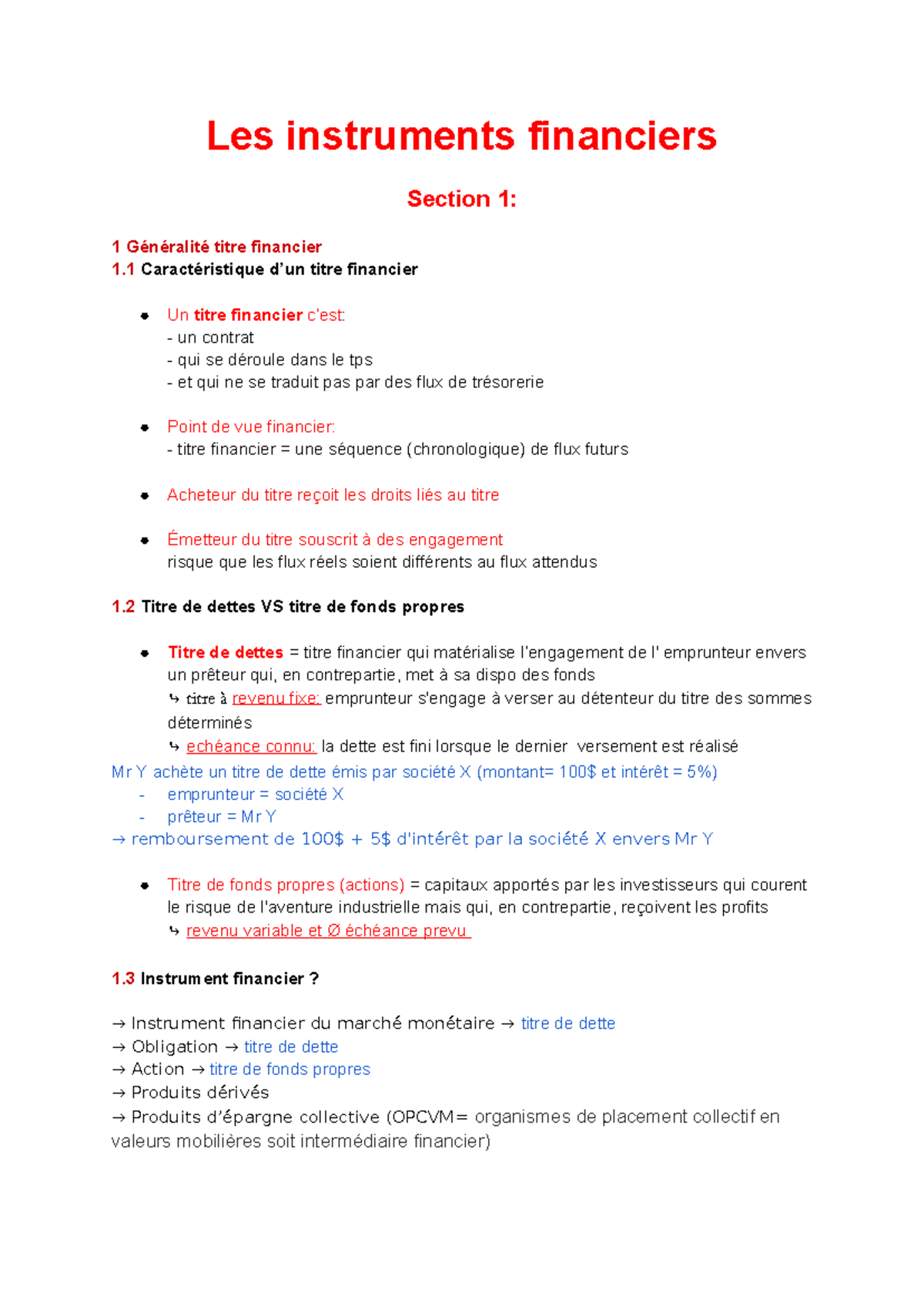 Chap 1 section 1 finance L1 - Les instruments financiers Section 1: 1 ...