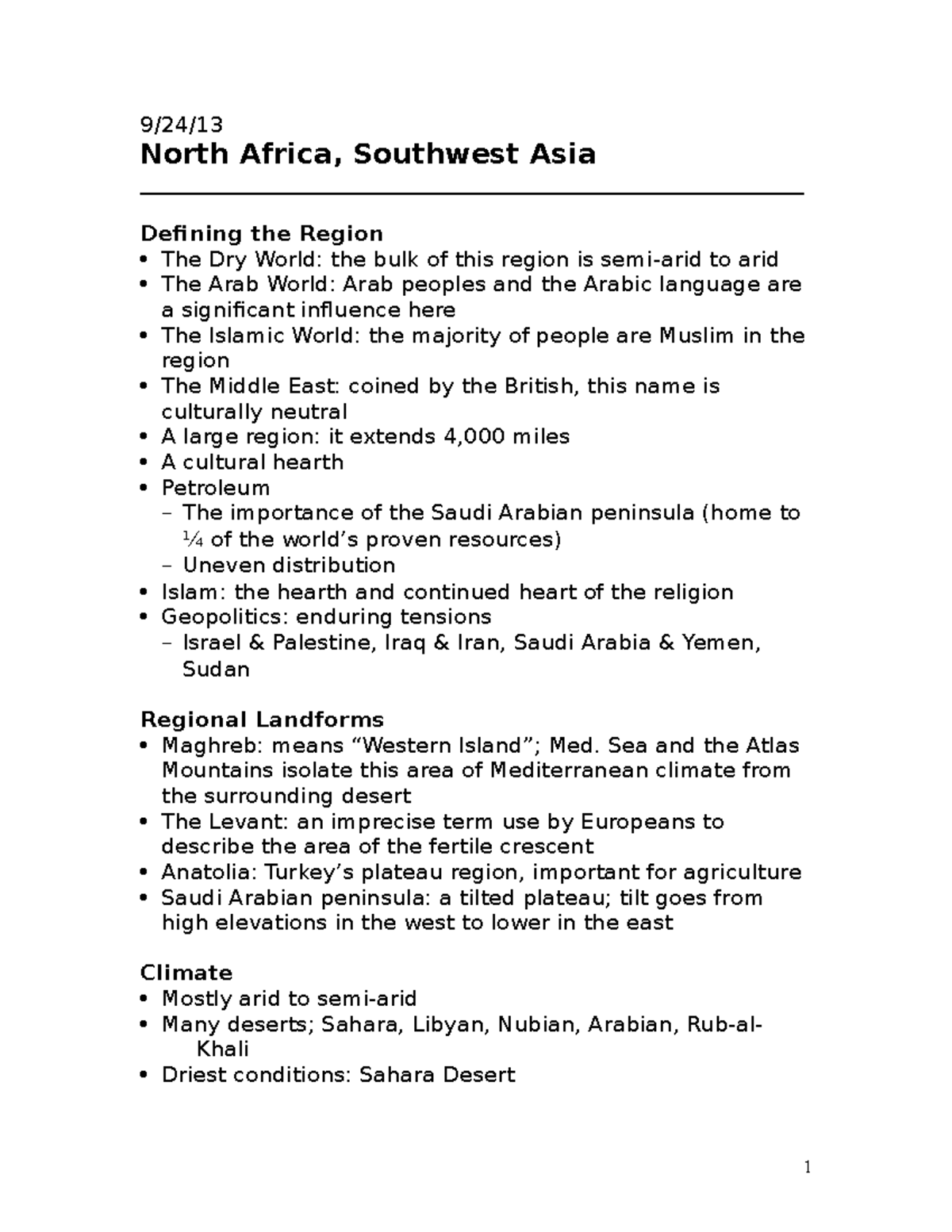 Lecture 7 - Naswa 9-24-13 - 9/24/13 North Africa, Southwest Asia - Studocu