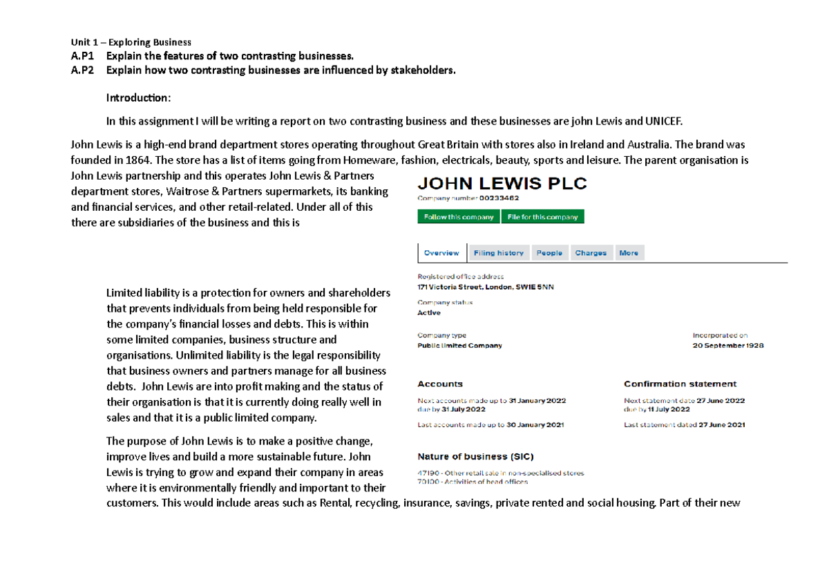 Unit 1 P1 and P2 - p1 p2 assignments help needed. - A Explain the features of two contrasting ...