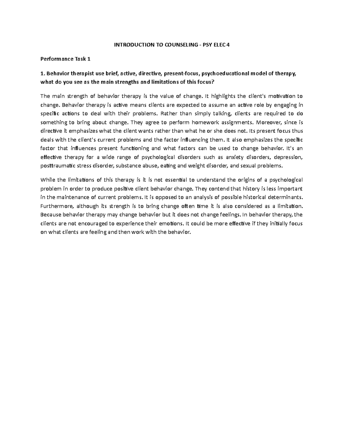 Introduction TO Counseling - Performance TASK 1 - INTRODUCTION TO ...