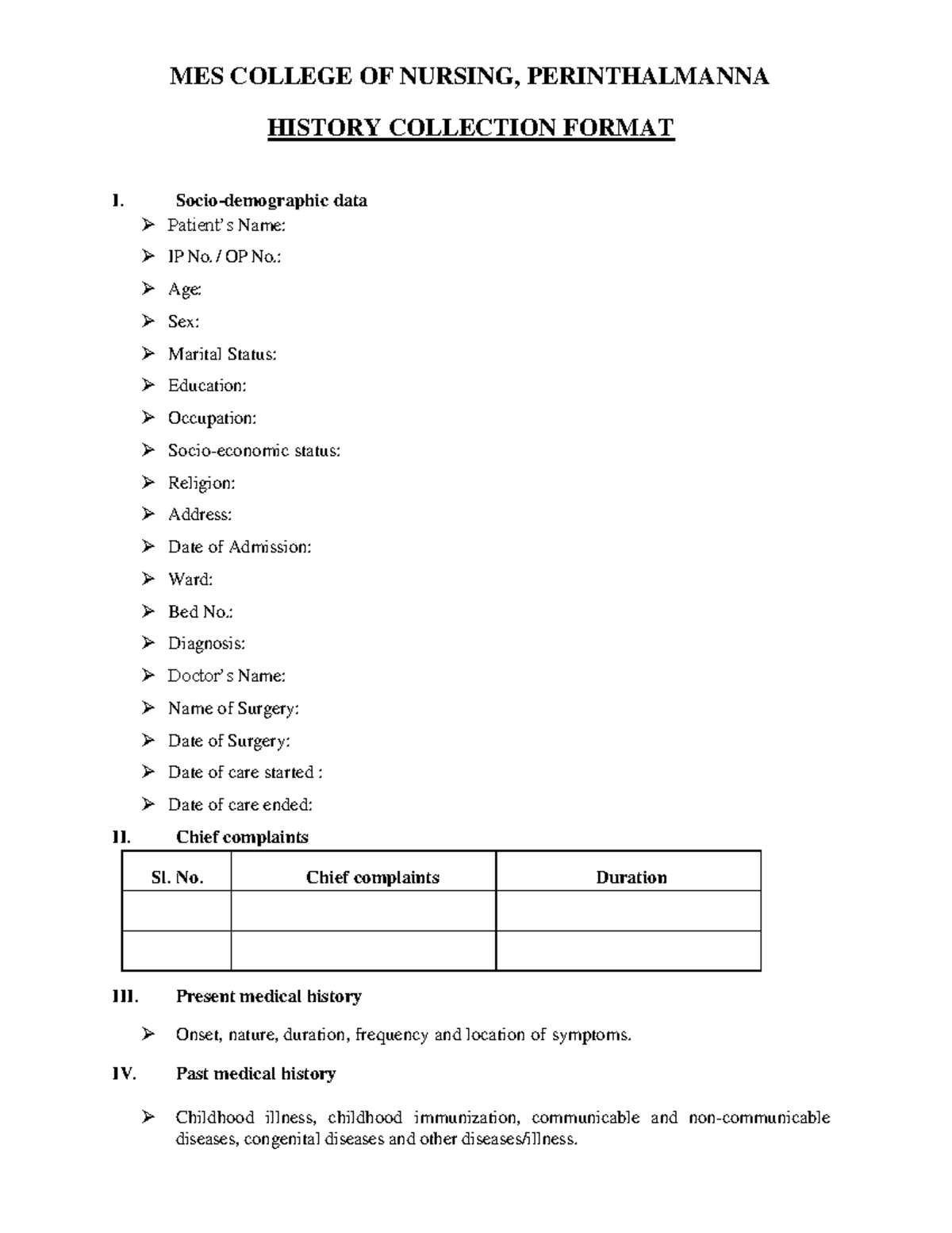 History collection format pdf - MES COLLEGE OF NURSING, PERINTHALMANNA ...