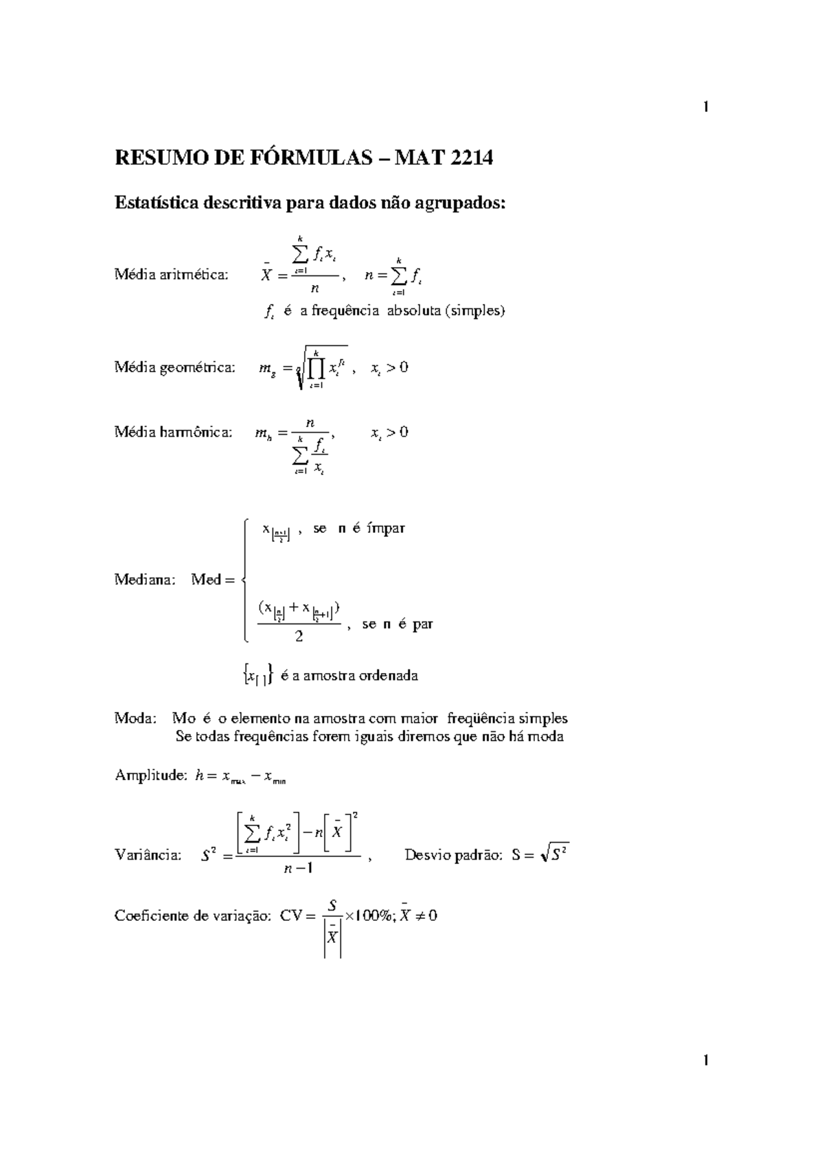Estatística - Resumo de Fórmulas - RESUMO DE FÓRMULAS – MAT 2214 ...