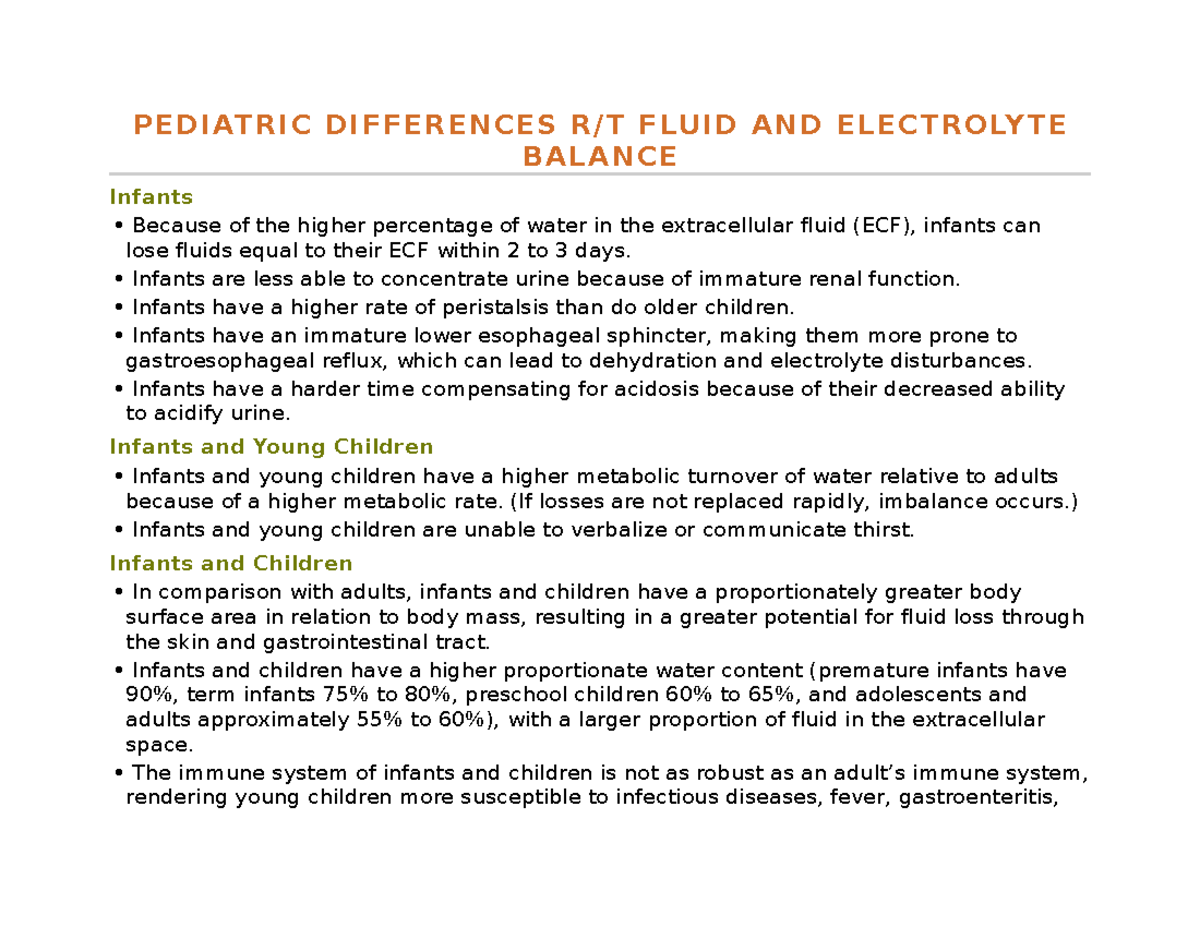 Peds fluid Balance - electrolyte table - PEDIATRIC DIFFERENCES R/T ...