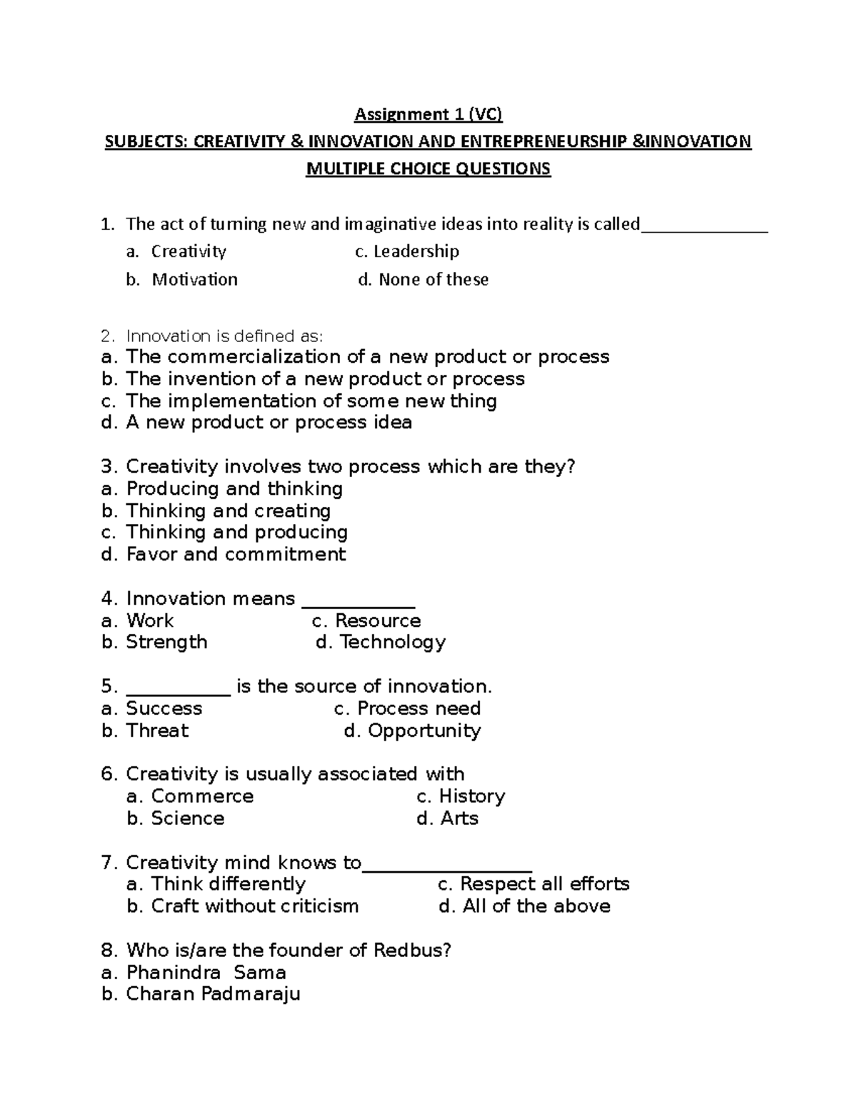 CASE Studies Assignment CI AND EI 1 - Assignment 1 (VC) SUBJECTS ...