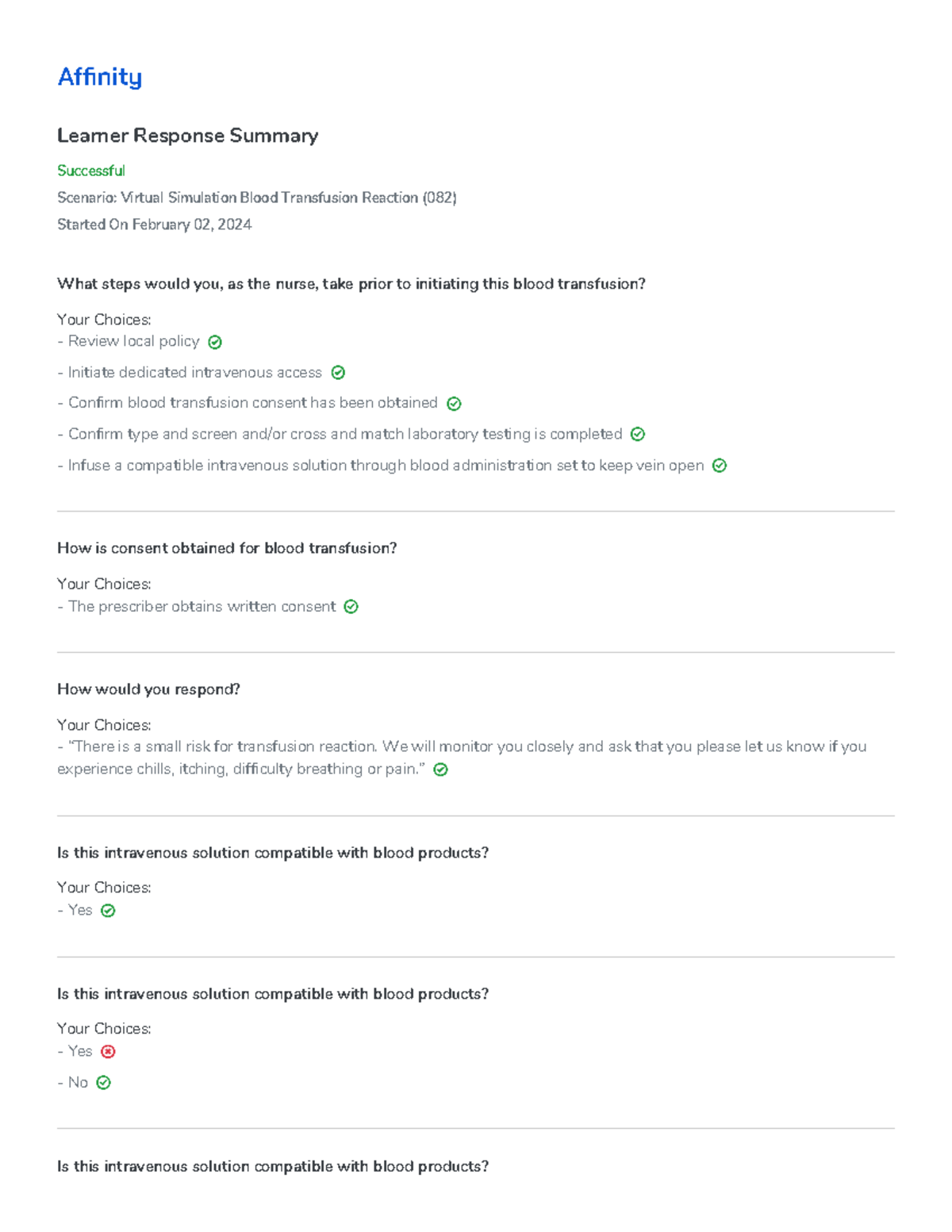 Blood Transfusion Learner Response Summary - 837832 - Virtual ...
