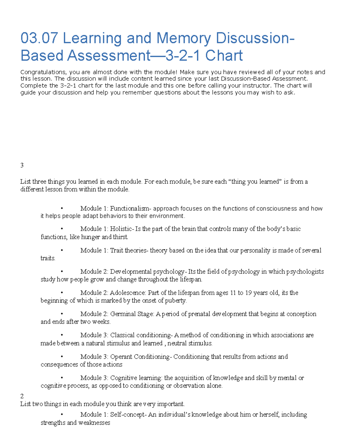 03 07 04 chart - your welocome - 03 Learning and Memory Discussion- Based Assessment—3-2-1 Chart ...