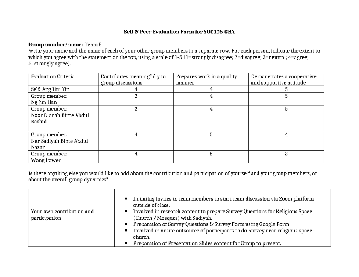 SOC105 Self and Peer Evaluation Form to be submitted for a GBA - Self ...