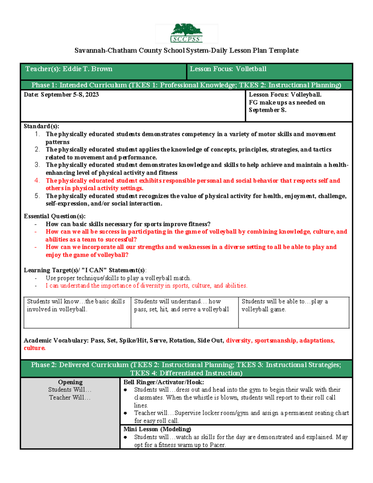 Volleyball Lesson Plan - Savannah-Chatham County School System-Daily ...