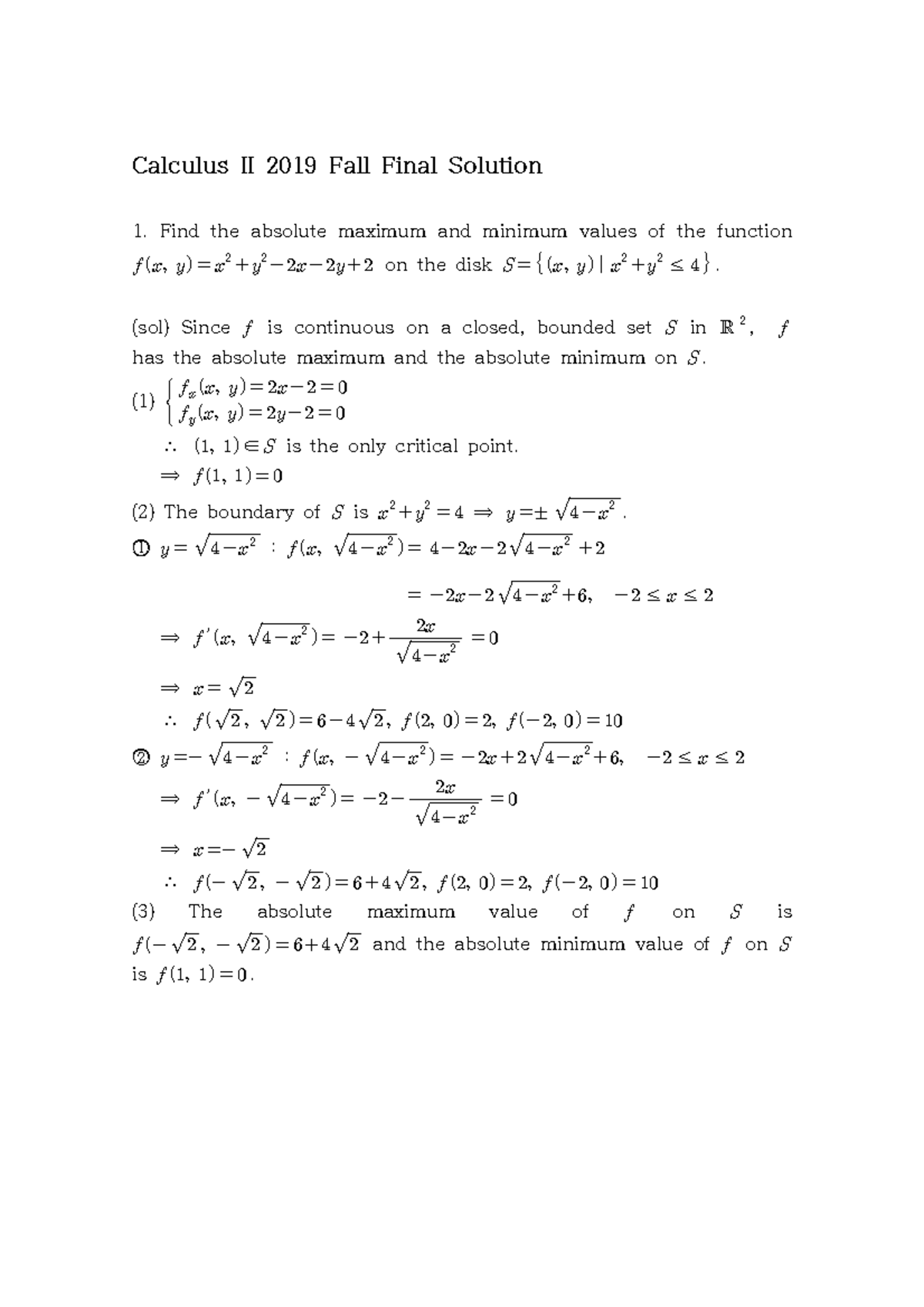 2019 Fall Final Solution - Calculus II 2019 Fall Final Solution Find ...