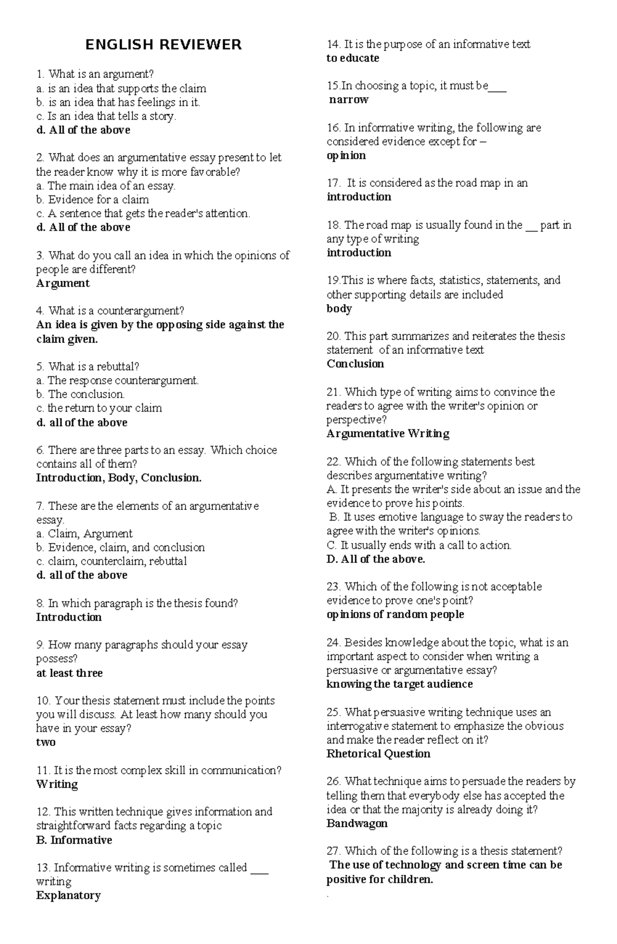 English Reviewer - ENGLISH REVIEWER What is an argument? a. is an idea ...