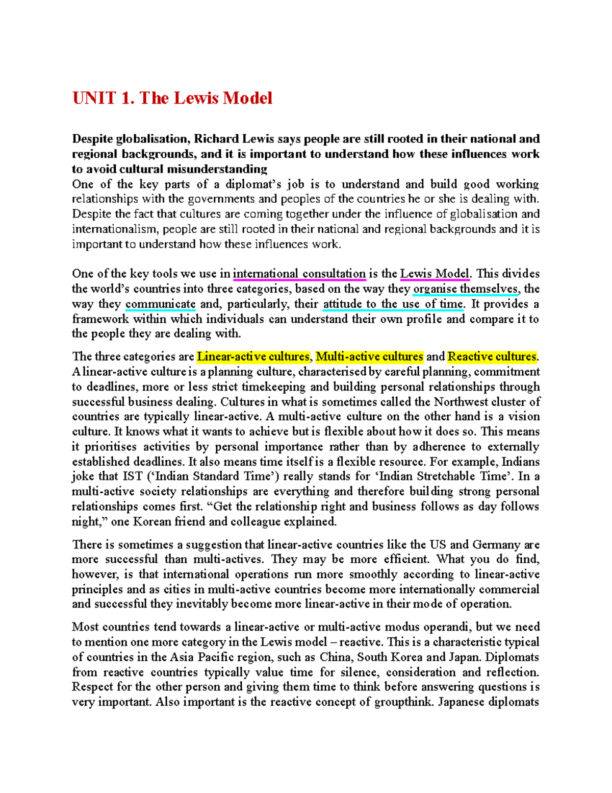 UNIT 1 Lesson 3 - no2 - UNIT 1. The Lewis Model Despite globalisation ...