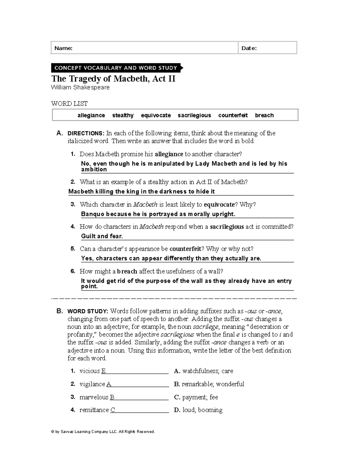 ACT II Concept Vocabulary AND WORD Study (DONE) - Name: Date: The ...