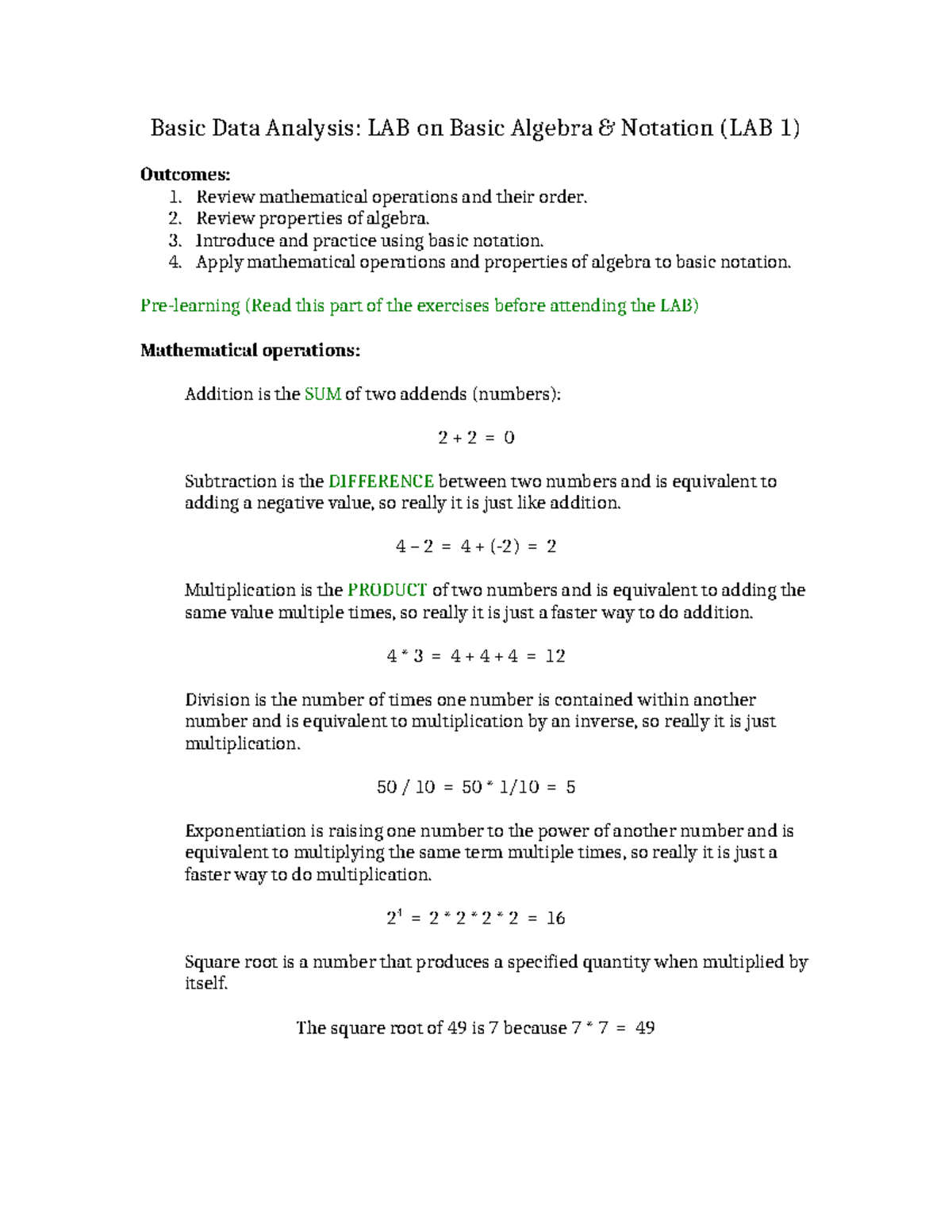 LAB1Handout 1 - Basic Data Analysis: LAB on Basic Algebra & Notation (LAB 1) Outcomes: 1. Review ...