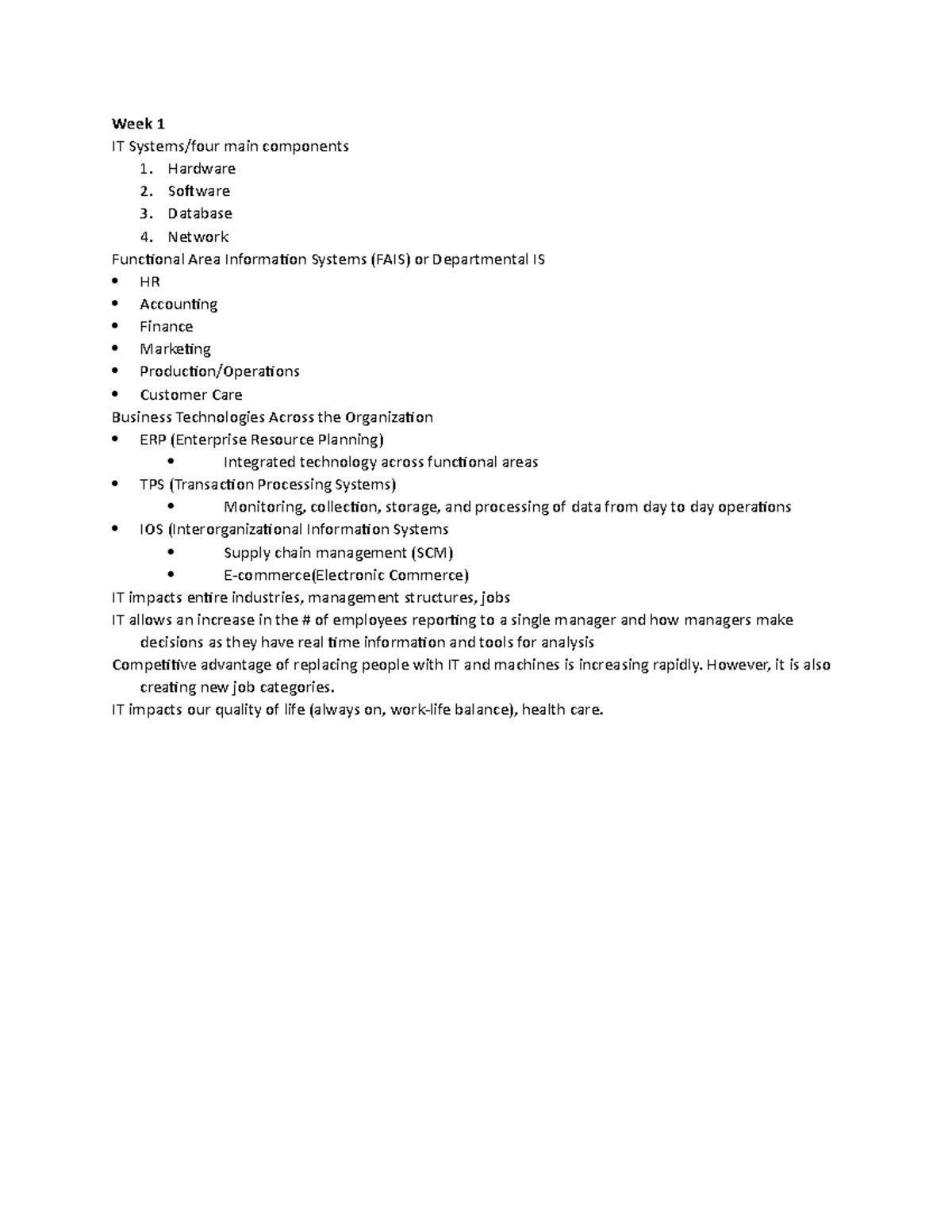BTMA 317 Week 1 - Professor Taylor - Week 1 IT Systems/four main ...