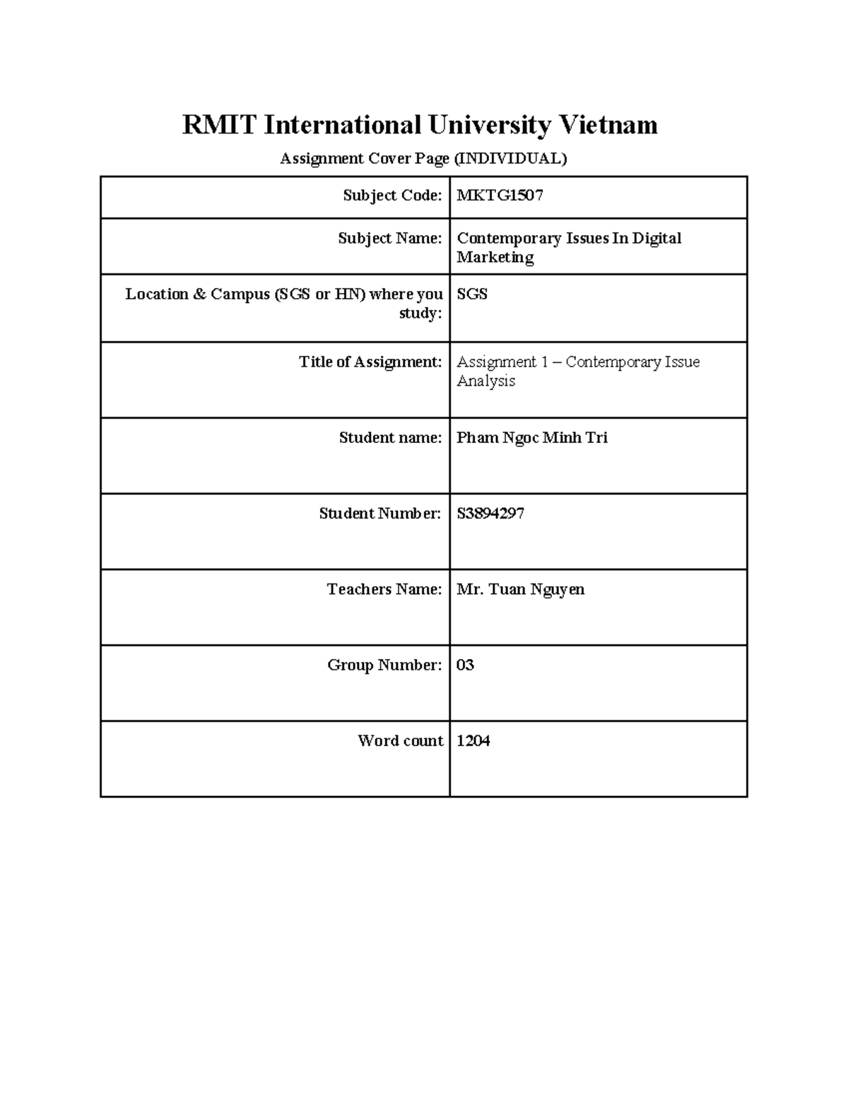 MKTG1507 Contemporary Issues in Digital Marketing ASM 1 - RMIT ...