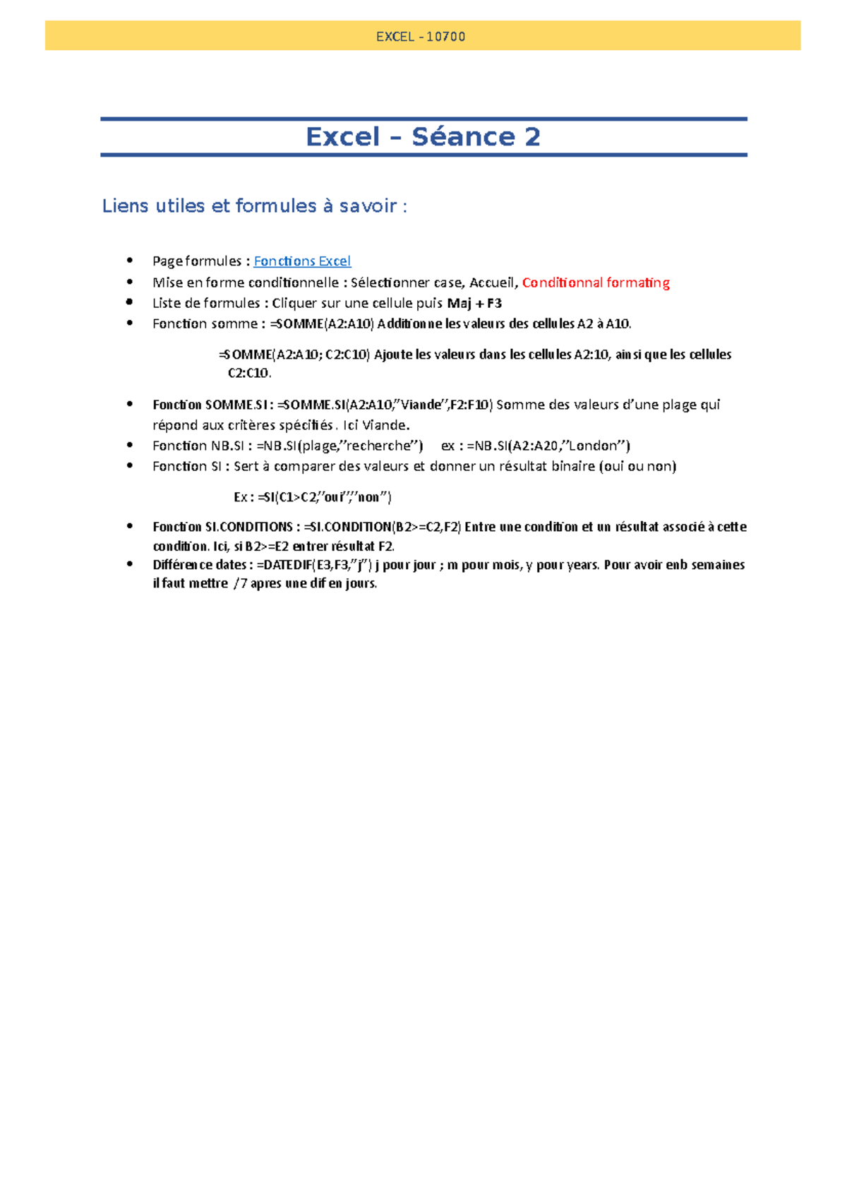 Fiche Excel - Excel – Séance 2 Liens utiles et formules à savoir : Page ...