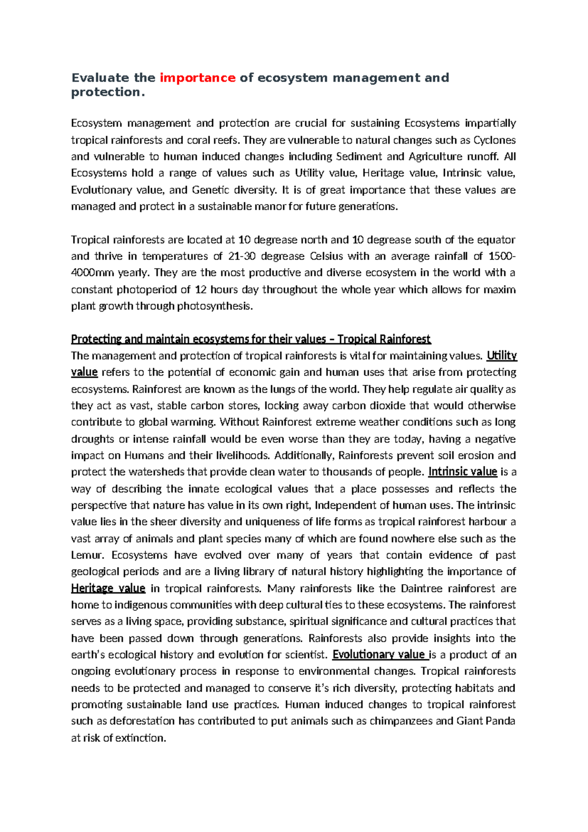 Geo essay Term 1 week 4 - Geo - Evaluate the importance of ecosystem ...