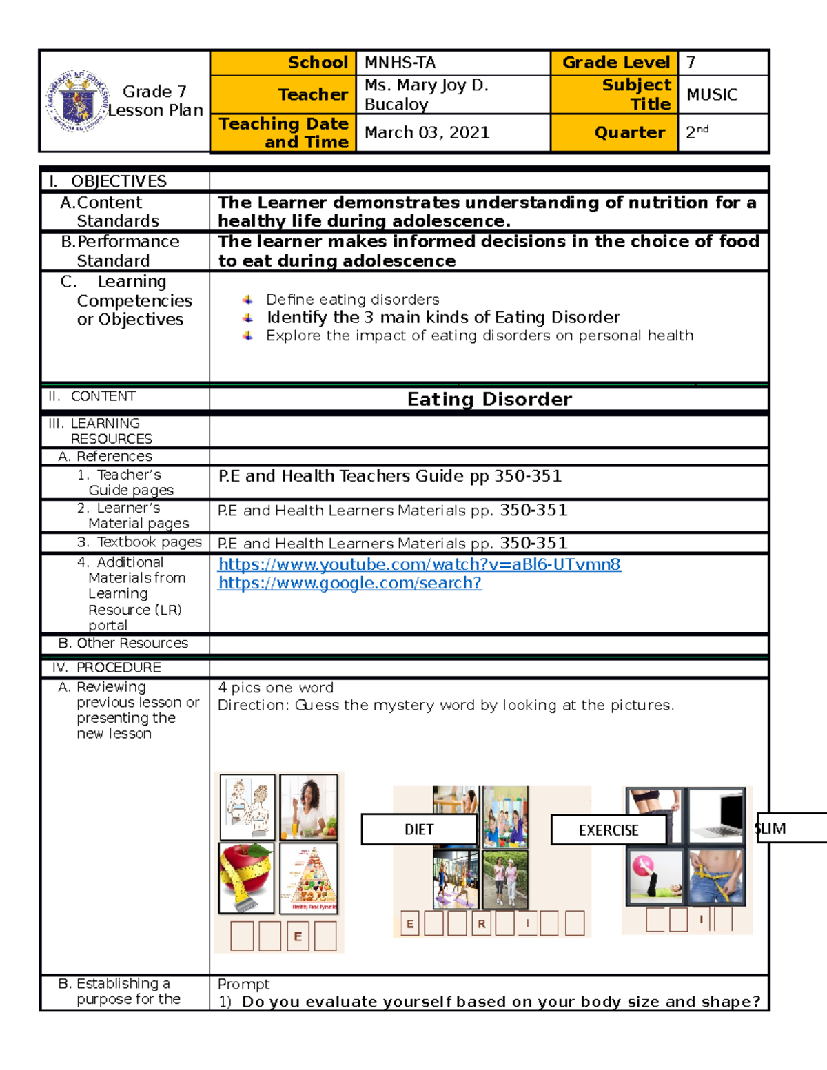 Eating Disorder - Grade 7 Lesson Plan School MNHS-TA Grade Level 7 ...