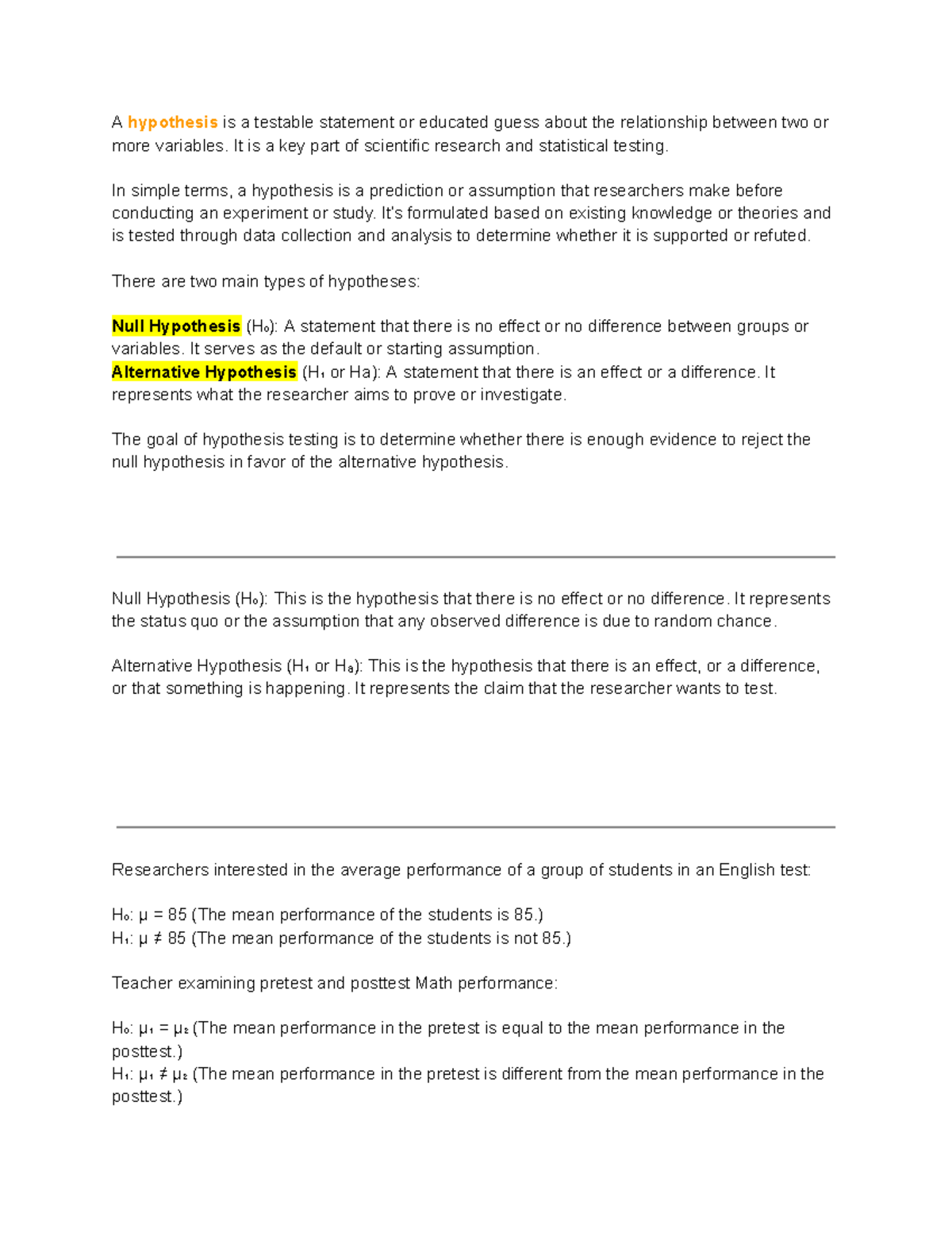 Hypothesis - Notes - A hypothesis is a testable statement or educated ...
