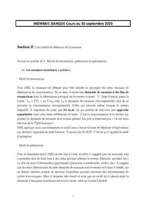 Cours 1 - MONNAIE BANQUE Cours du 15 septembre 2020 Toutes les ...
