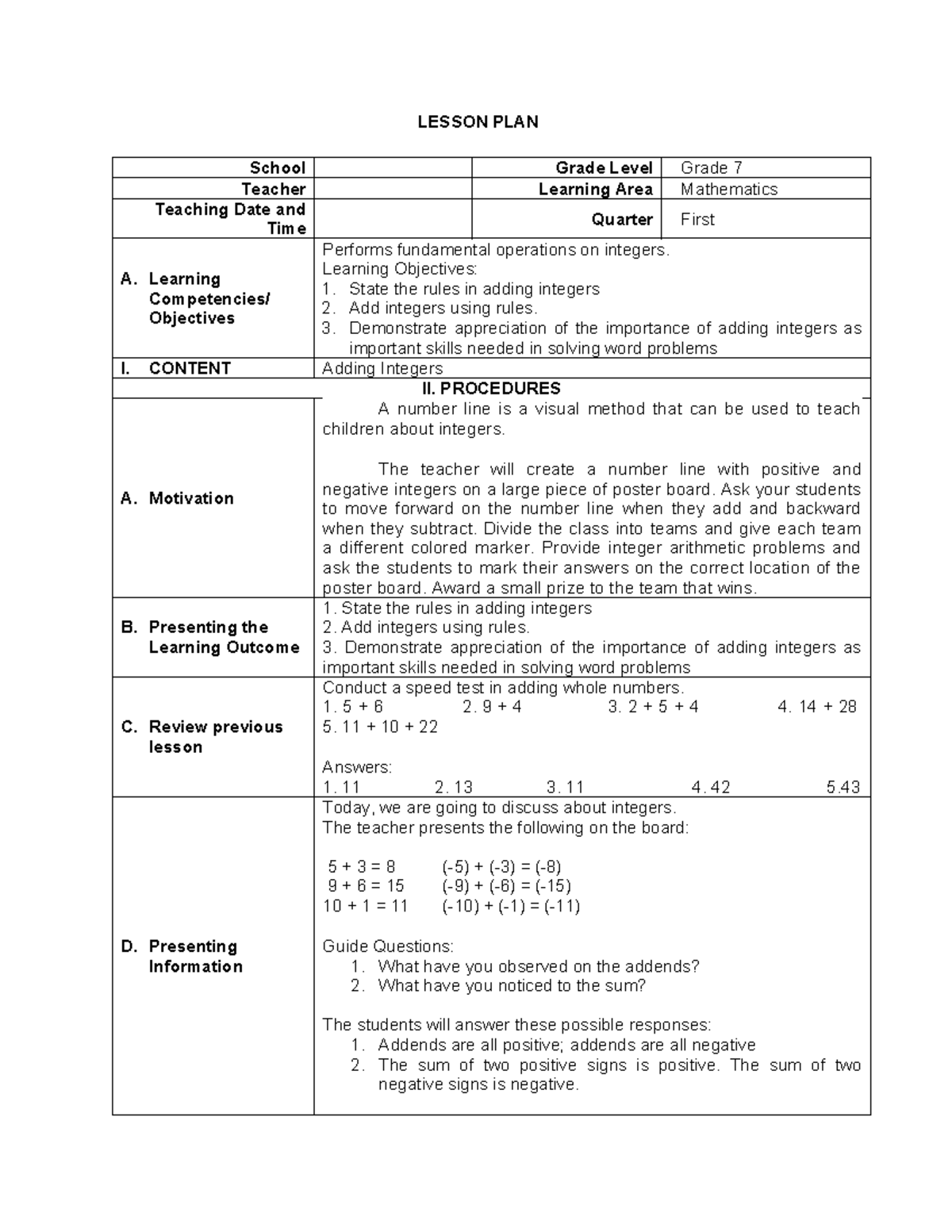 Lesson plan in Math7 - LESSON PLAN School Grade Level Grade 7 Teacher ...