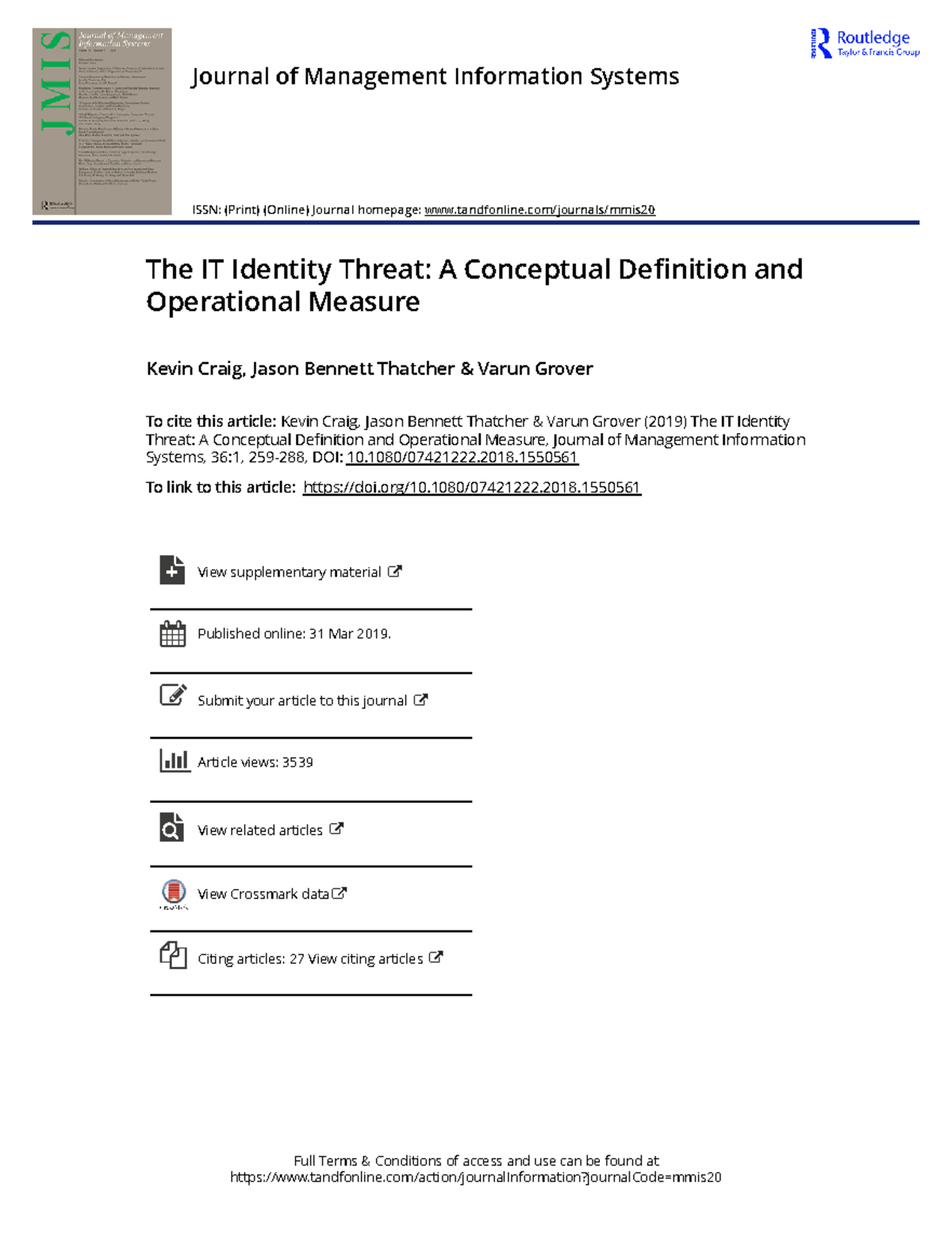 The IT Identity Threat A Conceptual Definition and Operational Measure ...