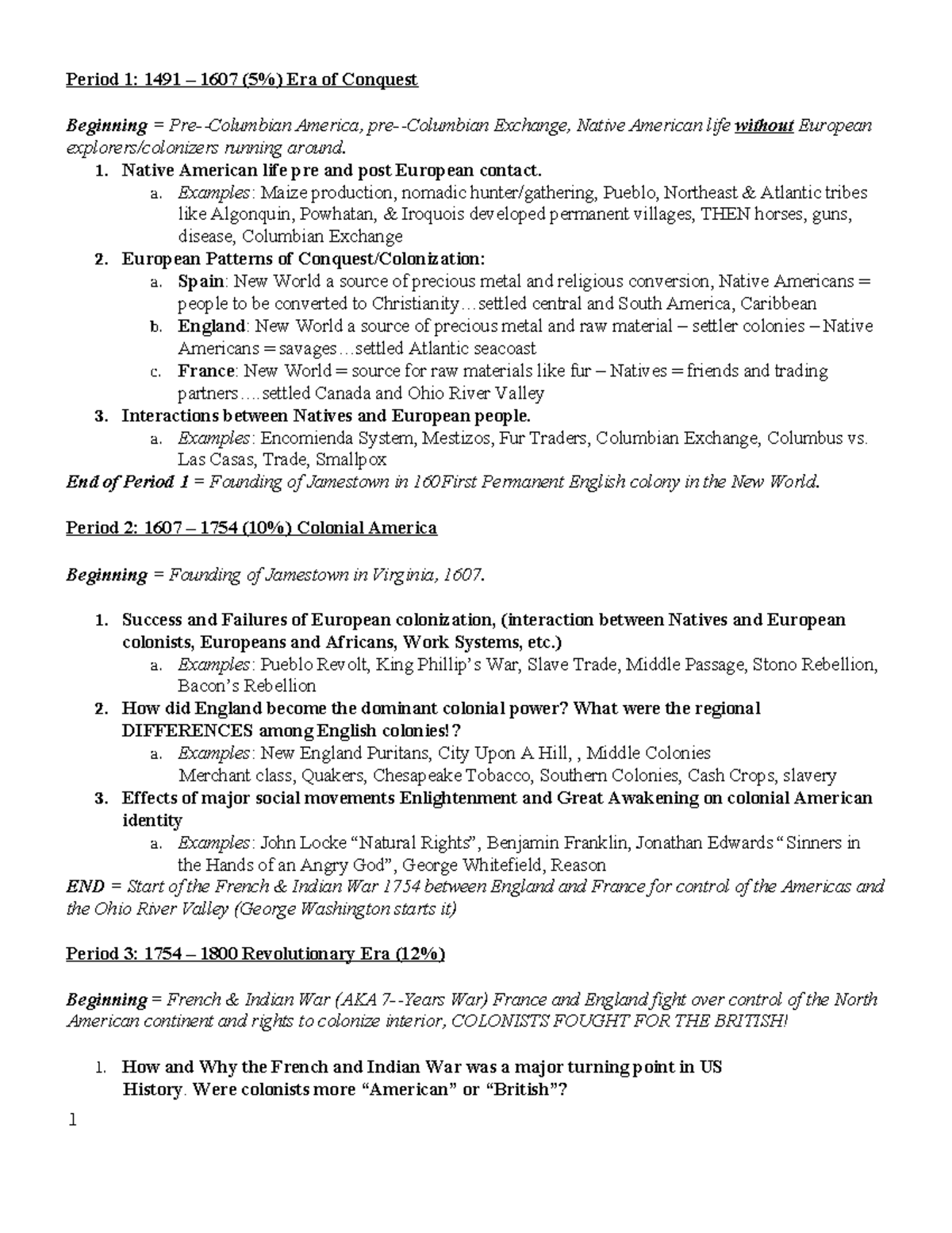 Apush Short Study Guide - Period 1: 1491 – 1607 (5%) Era of Conquest ...