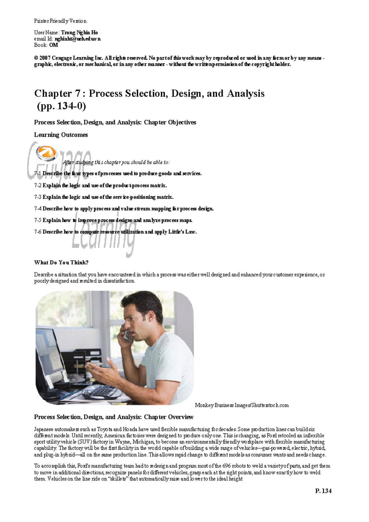 Chapter 7 - Process Selection, Design, and Analysis - P. 134 Printer Friendly Version User Name ...