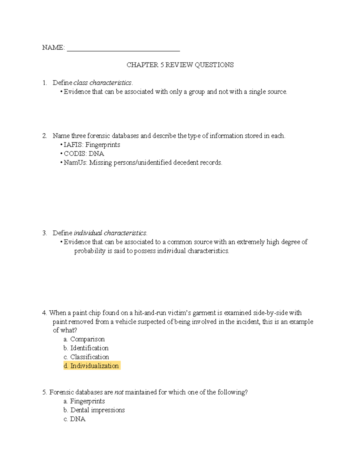 Forensic 5 - Prof. Trinh, chapter guide. - NAME ...