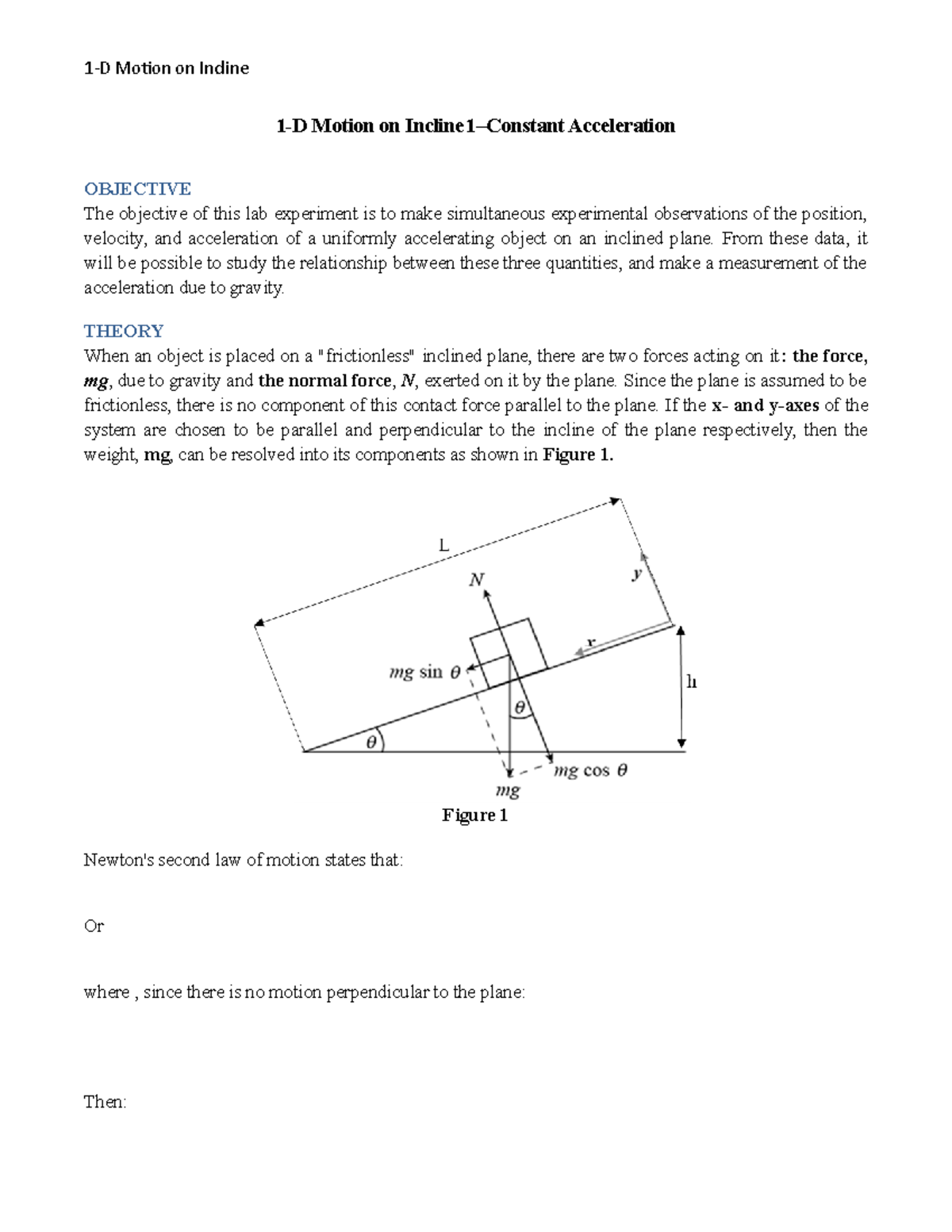 02 Motion on Incline LAB (Su2020 Online Version) - 1-D Motion on Incline 1-D Motion on - Studocu