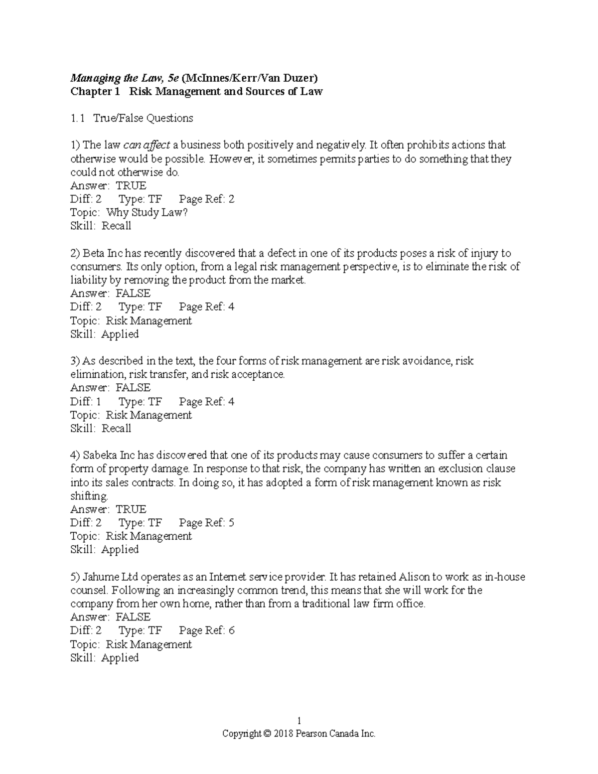 Sample-Test Bank Managing the law 5th 5E Mitchell Mc Innes - BIOD 151 ...