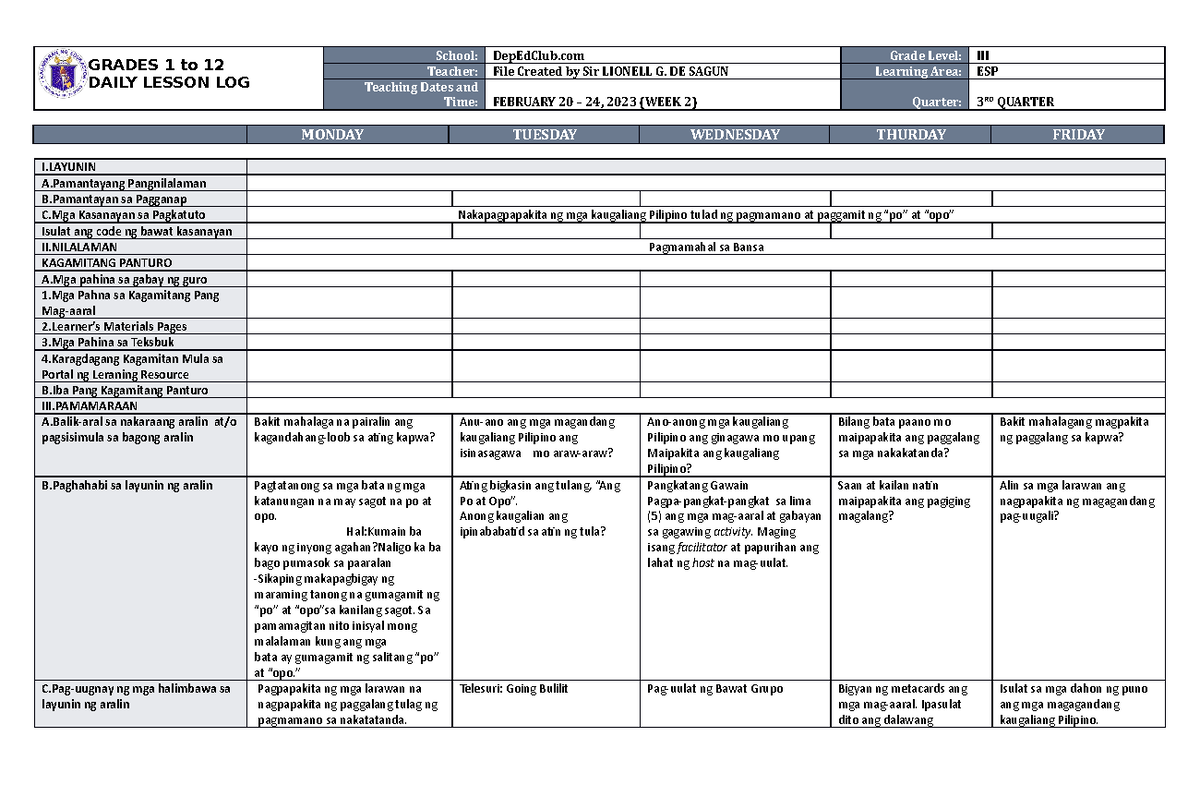 DLL ESP 3 Q3 W2 - ... - GRADES 1 to 12 DAILY LESSON LOG School ...