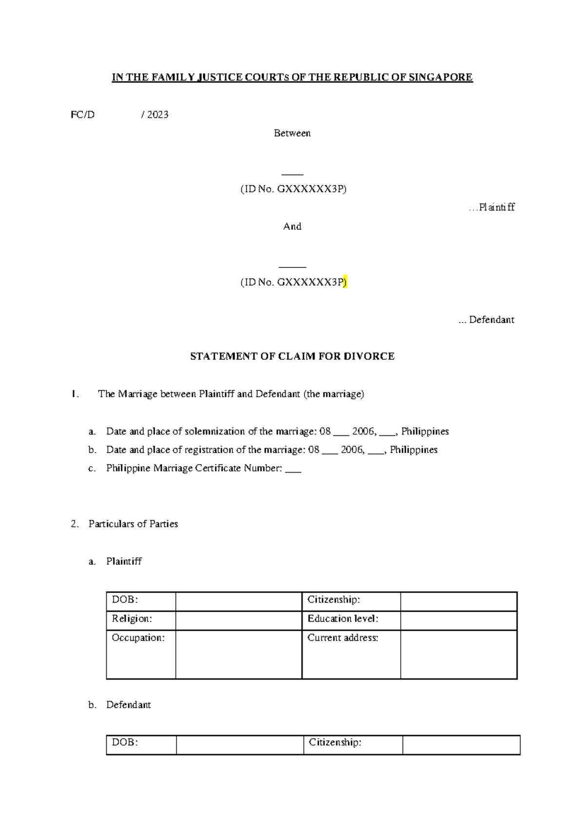 Sample SOC for divorce SG - Copy - IN THE FAMILY JUSTICE COURTS OF THE ...