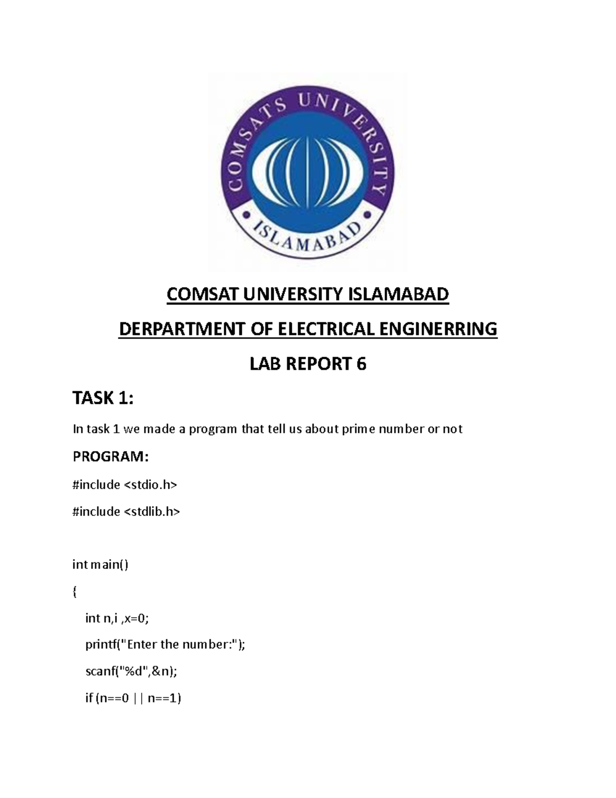 CSC LAB Report 6 - COMSAT UNIVERSITY ISLAMABAD DERPARTMENT OF ELECTRICAL ENGINERRING LAB REPORT ...