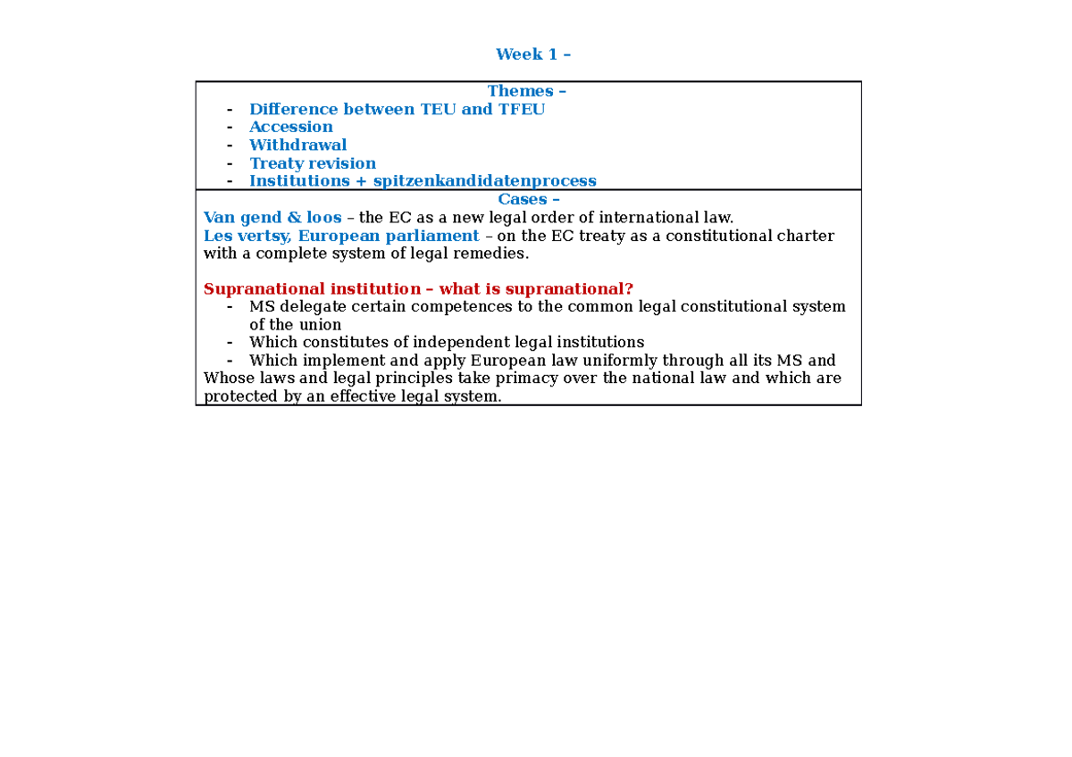 Week 1 Summary + parts lecture - Week 1 – Themes – Difference between TEU and TFEU Accession ...