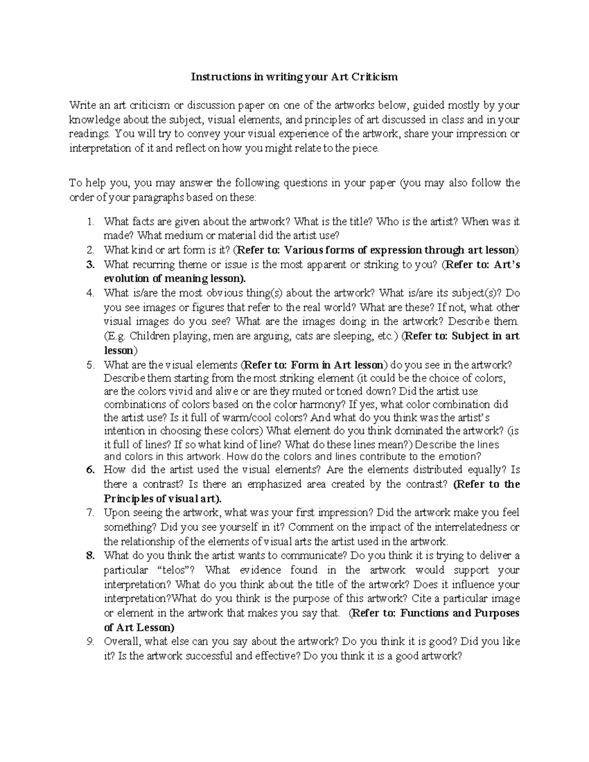 Art Appreciation Guidelines in Writing Art Criticism - PangSU - Studocu