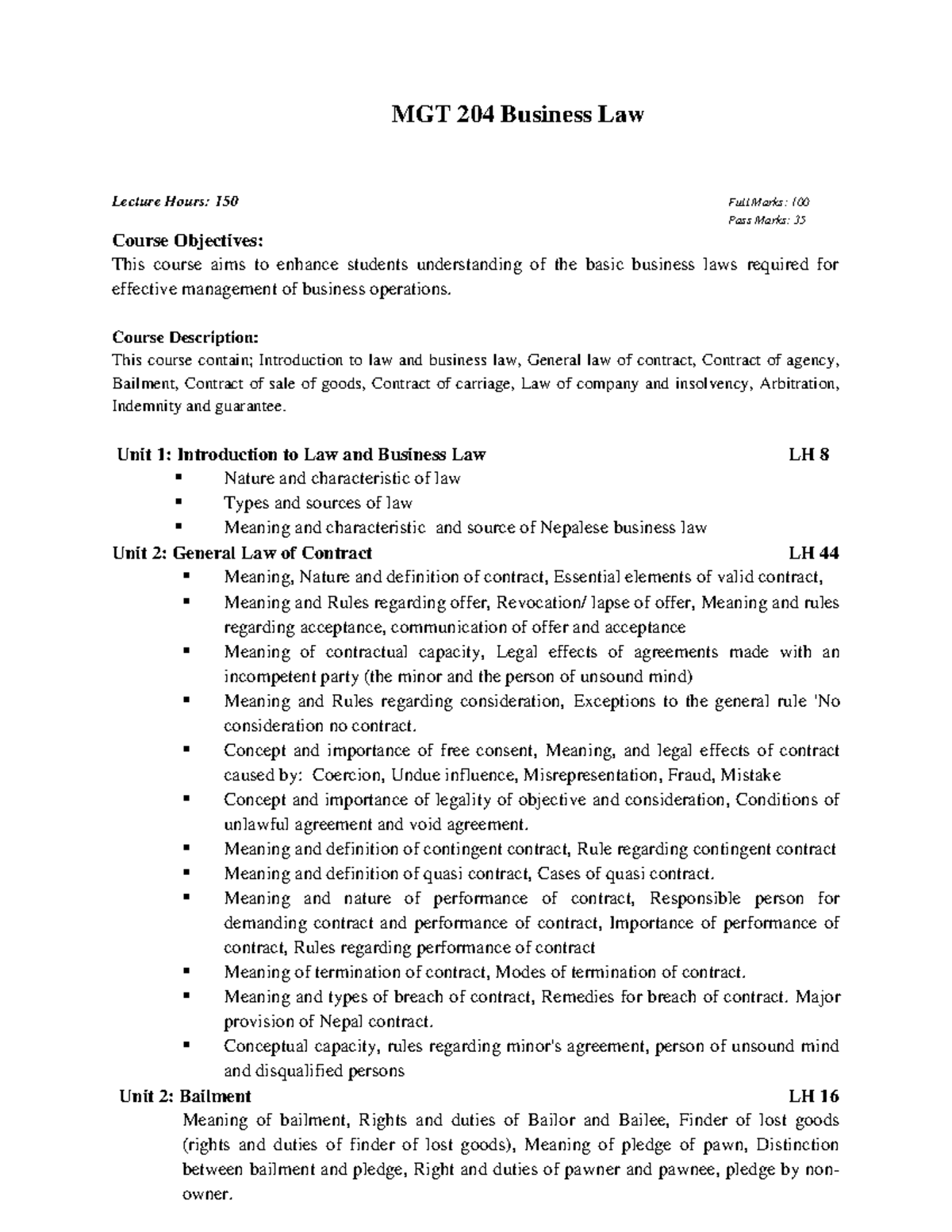 BBS 3rd Year Syllabus - MGT 204 Business Law Lecture Hours: 150 Full ...