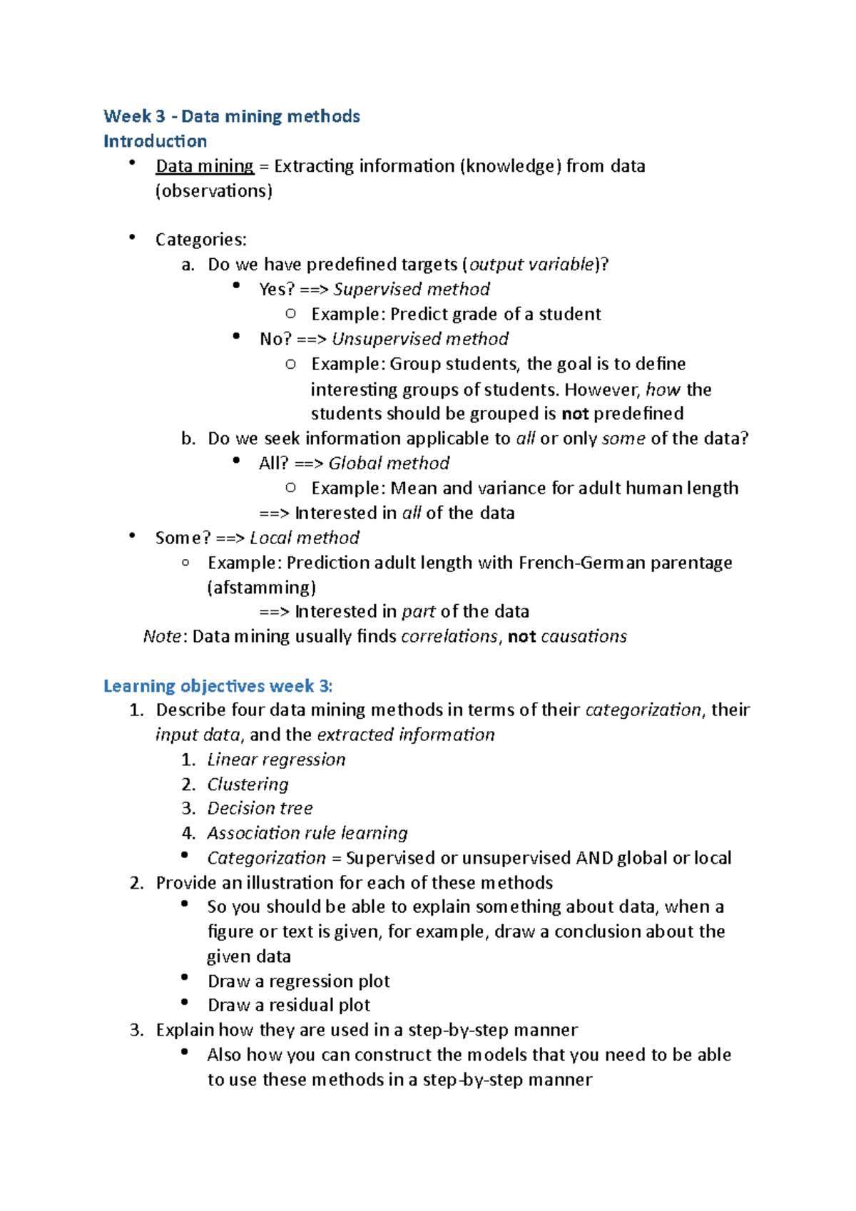 DMM summary - Week 3 - Data mining methods Introduction Data mining ...