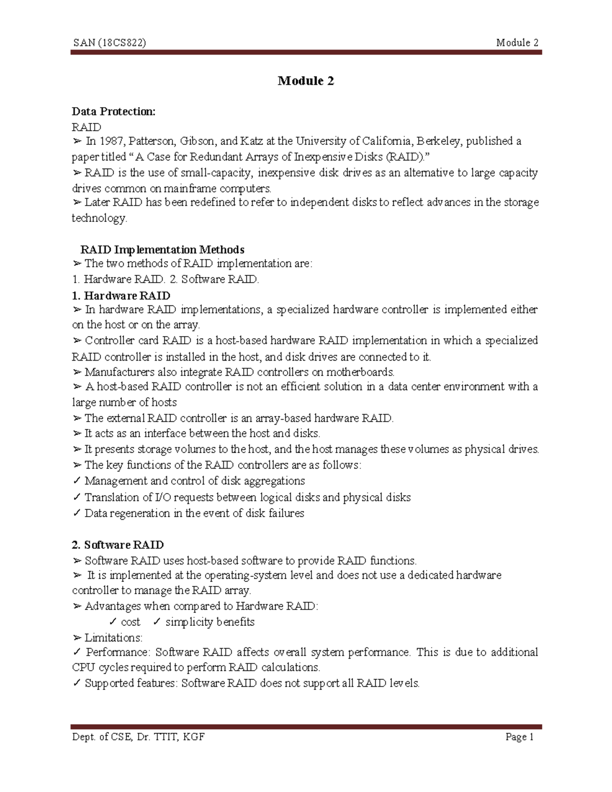 18CS822 SAN Module 2 - Module 2 Data Protection: RAID In 1987, Patterson, Gibson, and Katz at ...