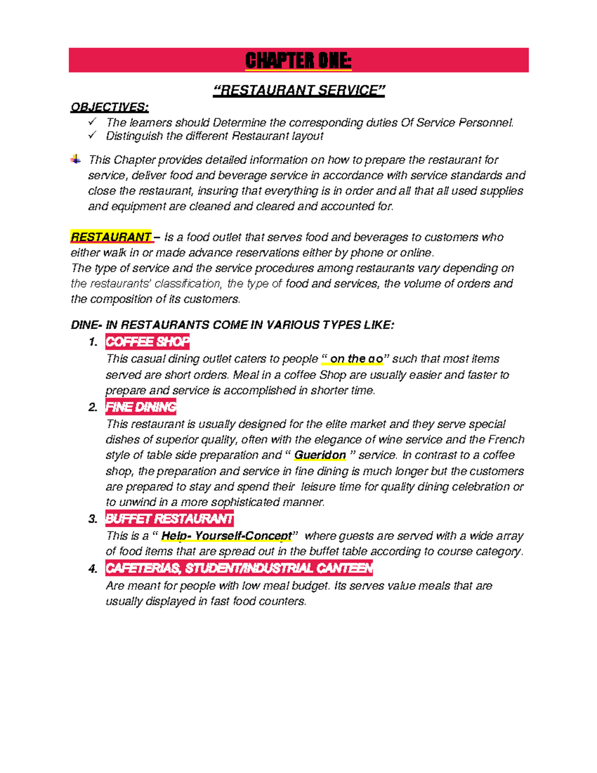 Chapter 1 HPC002 Module PDF - CHAPTER ONE: “RESTAURANT SERVICE ...