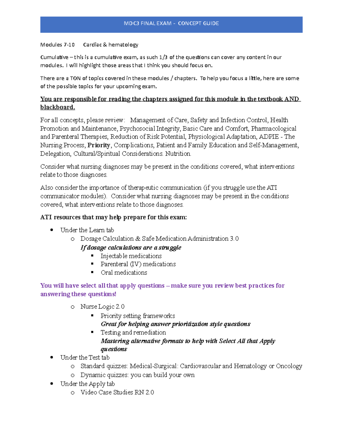 Concept Guide - Final Exam - Modules 7-10 & cumulative - Modules 7-10 ...