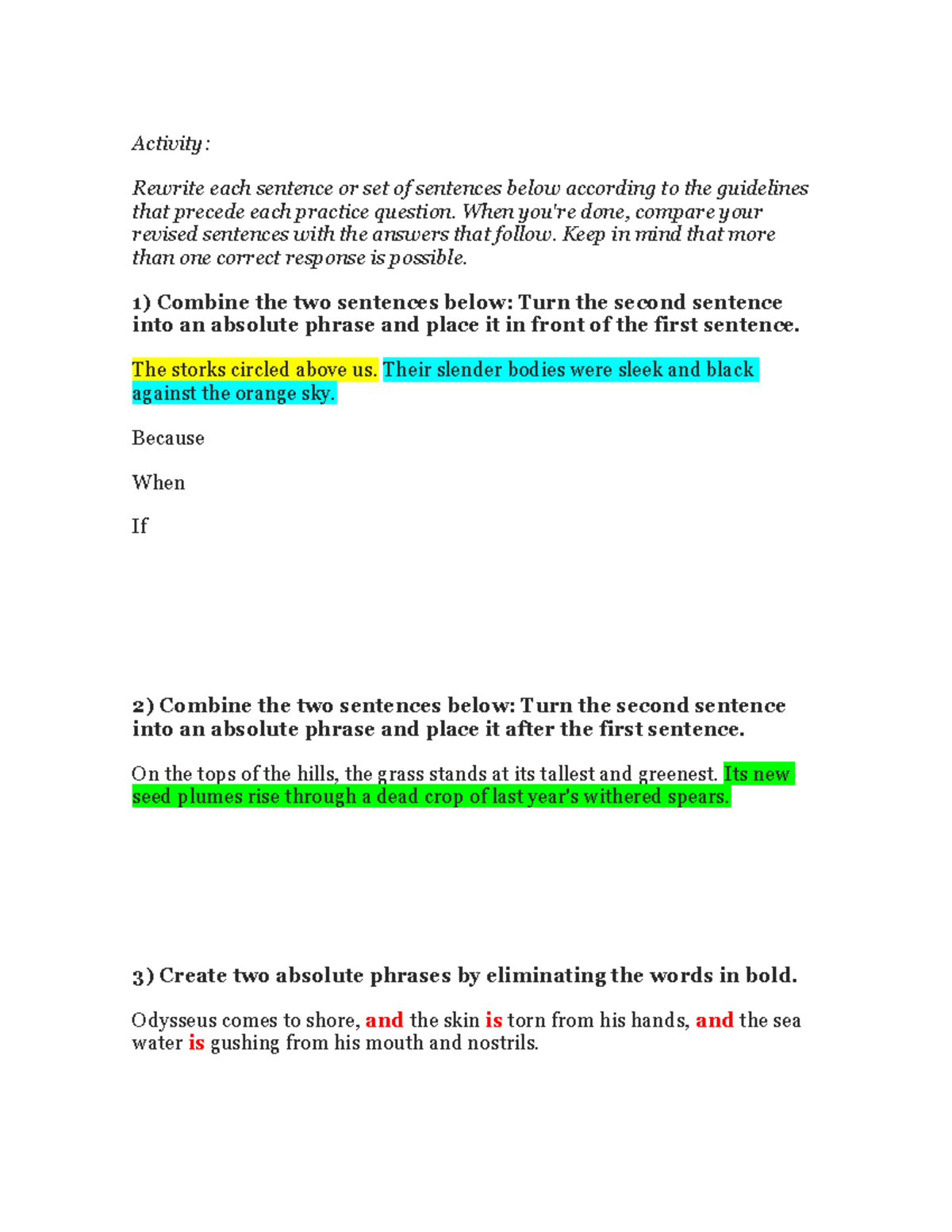 Absolute Phrase - Ingles basico apuntes - Activity: Rewrite each ...