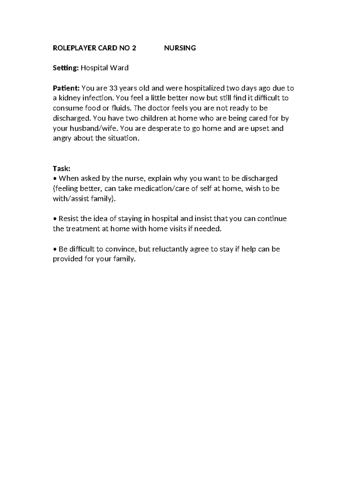 Roleplayer CARD NO 2 Nursing - ROLEPLAYER CARD NO 2 NURSING Setting ...