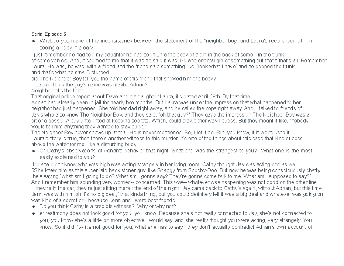 Serial Episode 6 - Class Assignments and course work - Serial Episode 6 ...