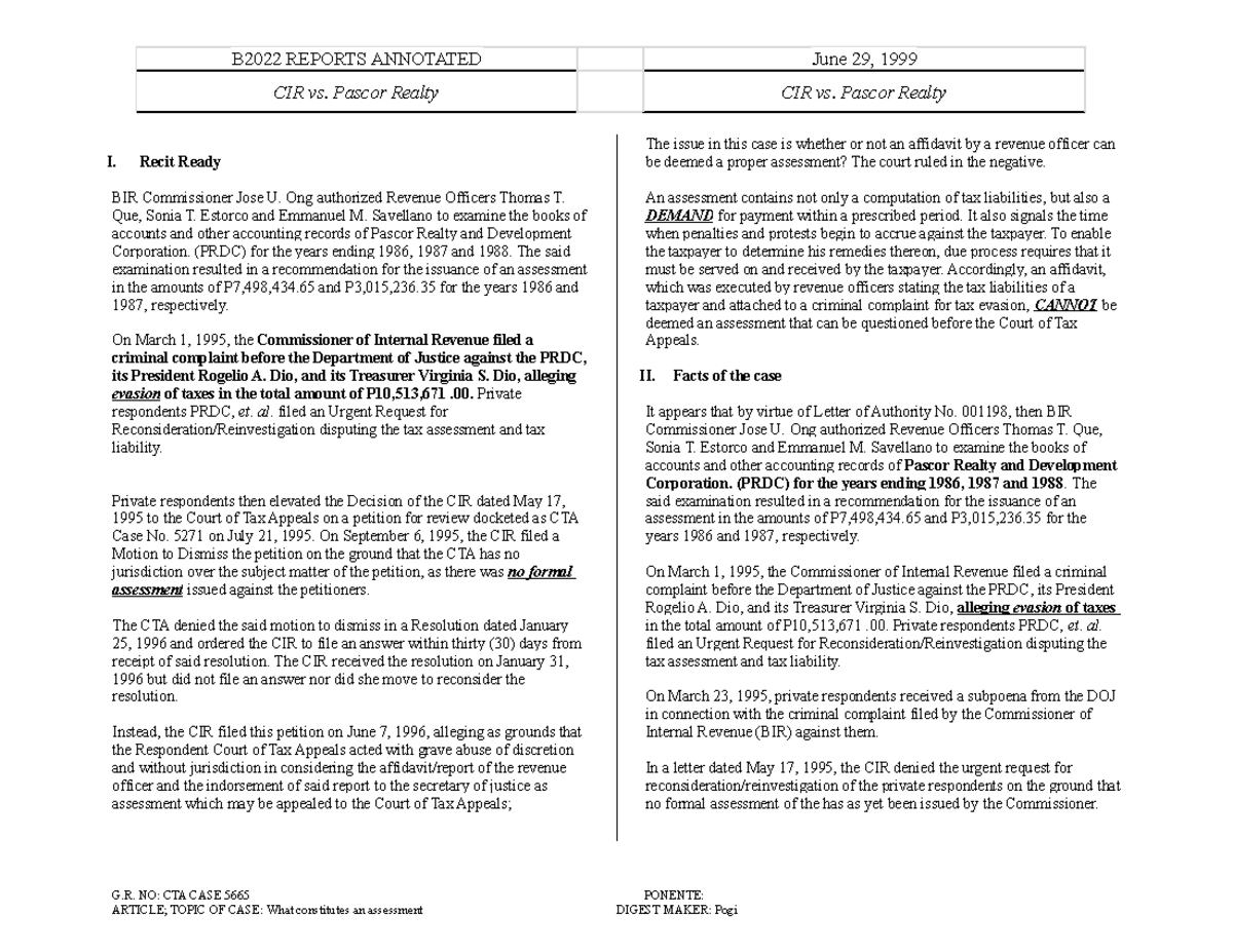 [Tax 2] 4 CIR vs. Pascor Realty Reinante - CIR vs. Pascor Realty CIR vs ...