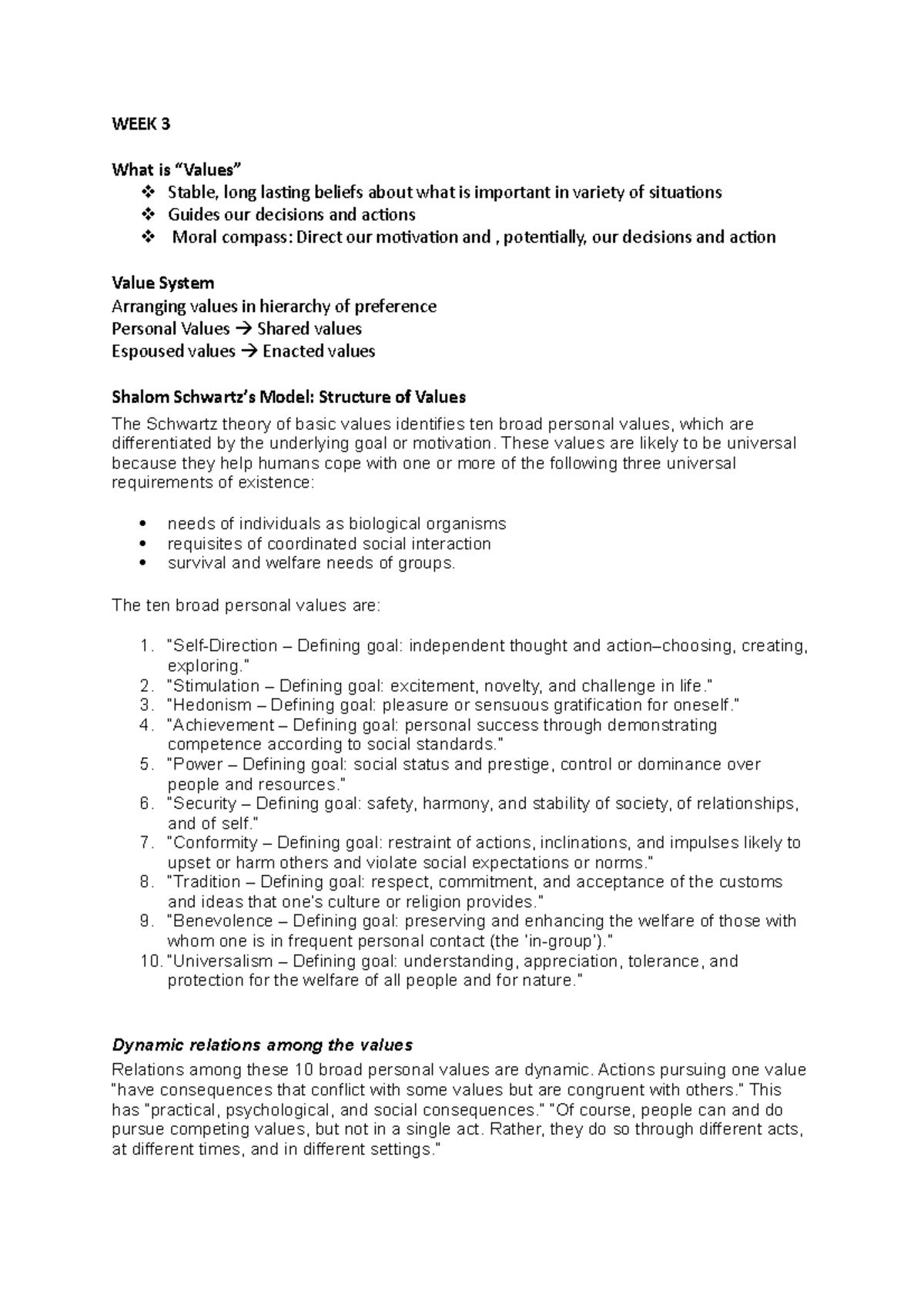 Shalom Schwartz’s Model: Structure of Values - WEEK 3 What is “Values ...