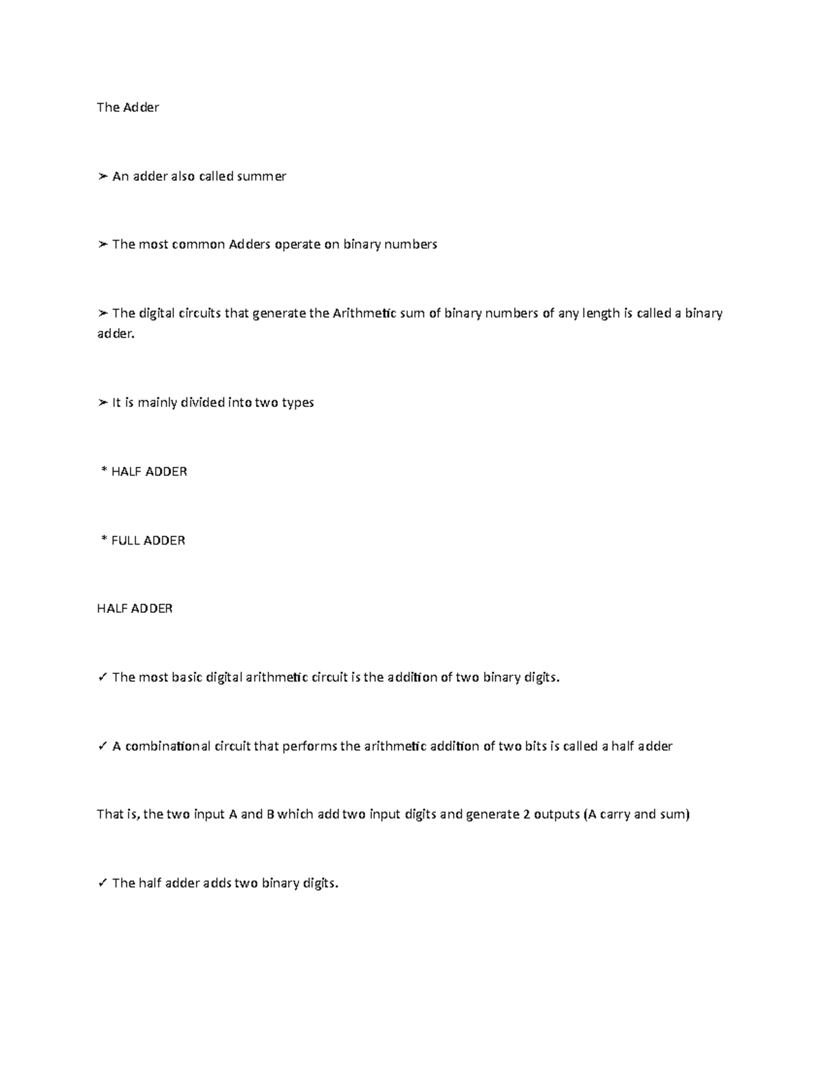 Adder- full and half adder - The Adder An adder also called summer The ...